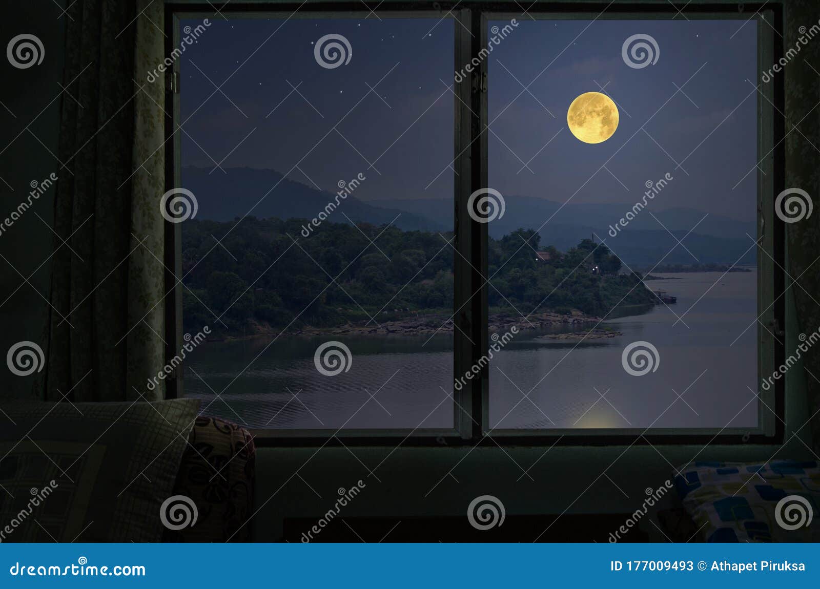 Beautiful Full Moon Over the River from Window View Point Stock Image ...
