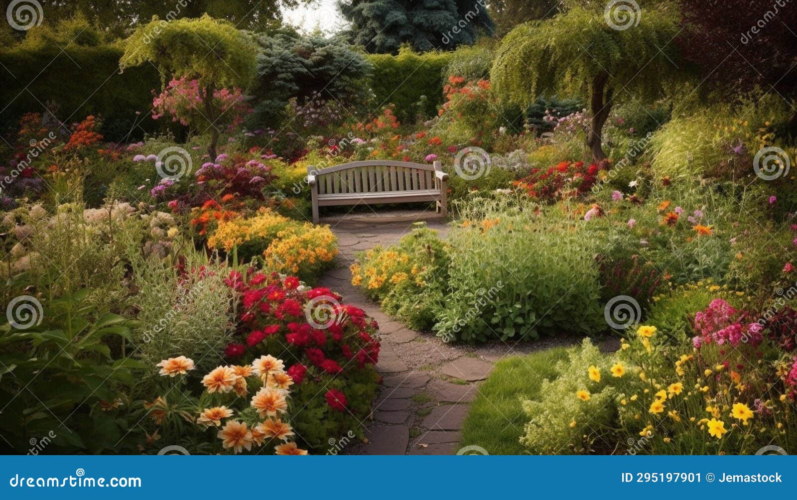 A Beautiful Garden Bench Surrounded by Colorful Flowers and Trees ...