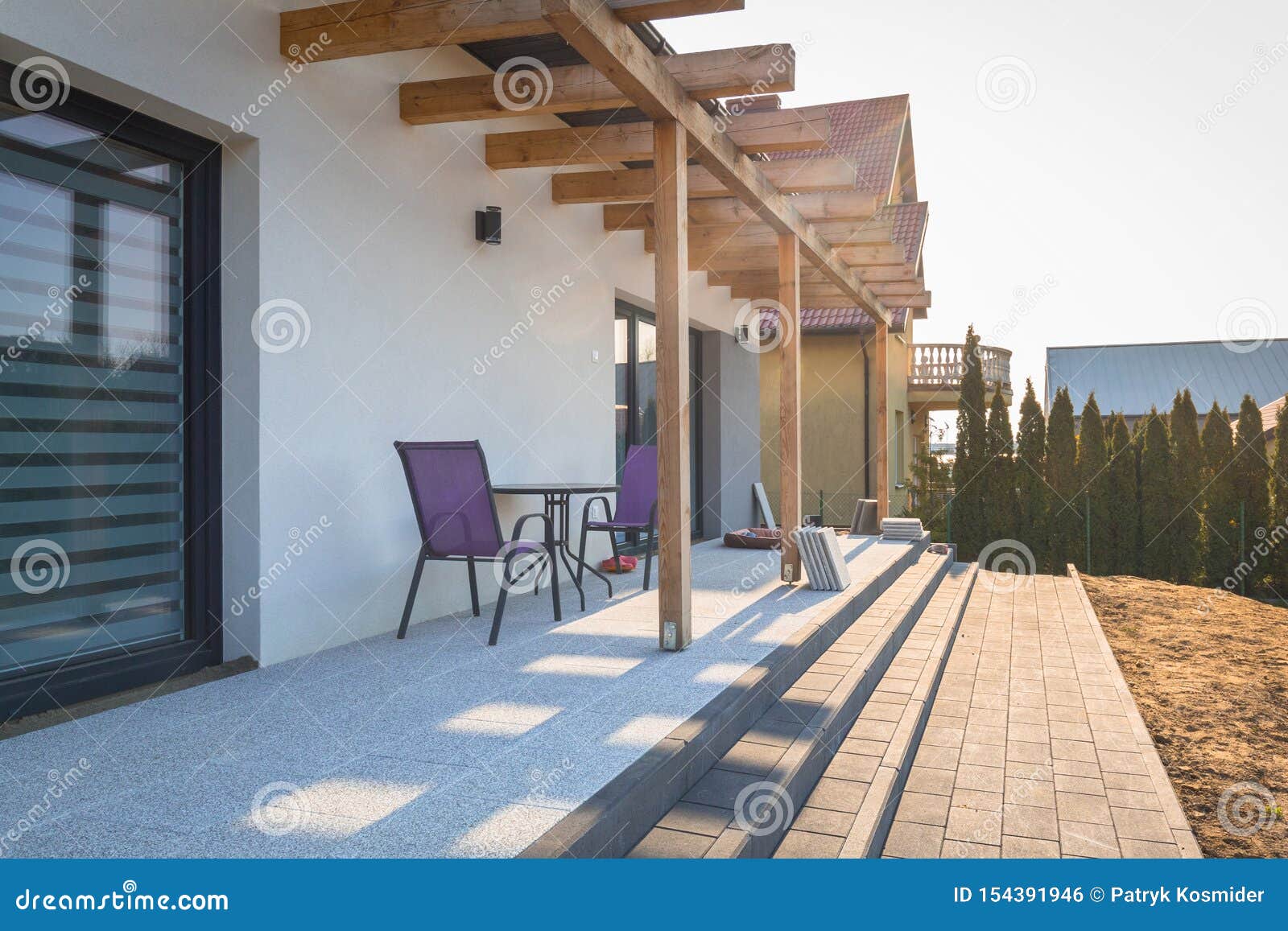 Garden Terrace with Stone Steps Stock Photo - Image of floor, chair ...