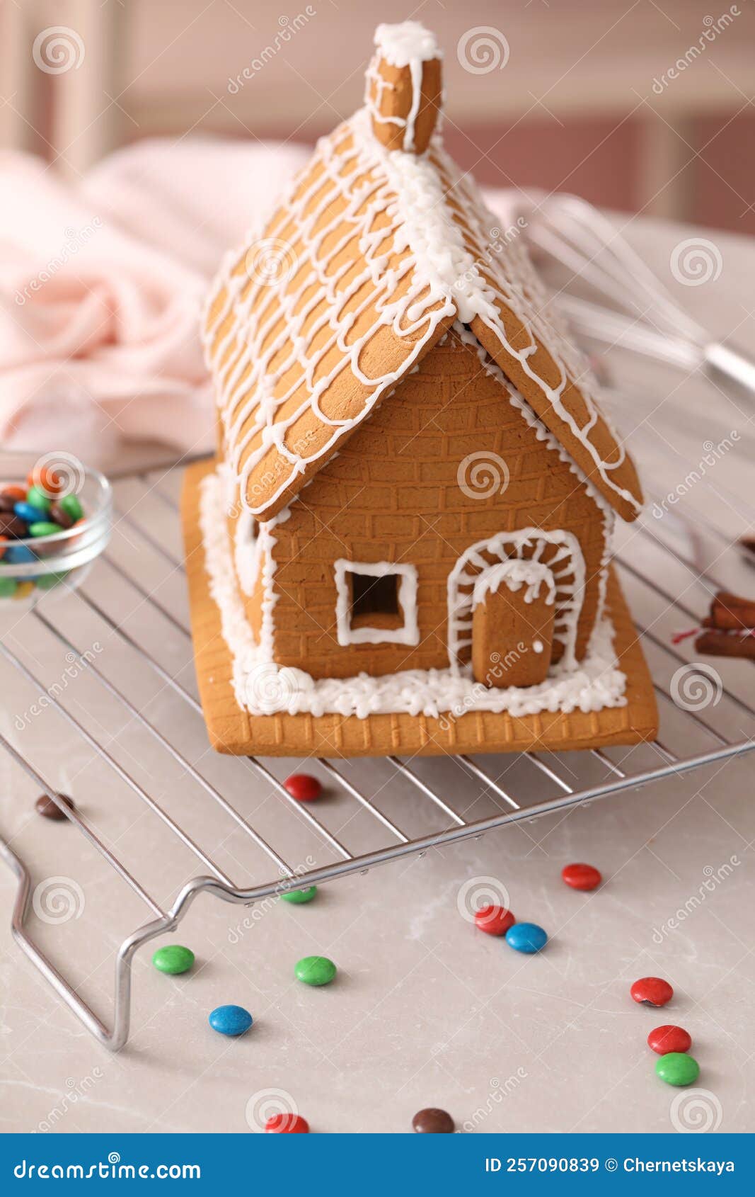 Beautiful Gingerbread House Decorated with Icing on Light Grey Marble ...
