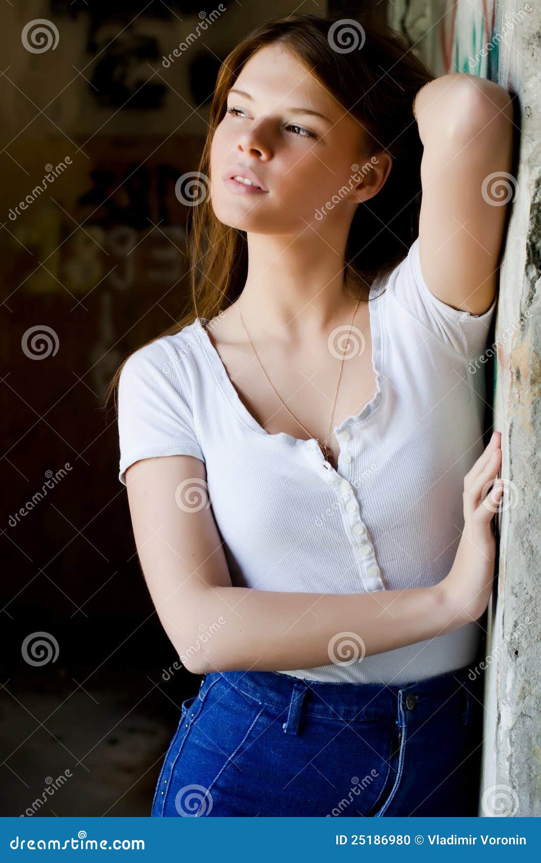 The Beautiful Girl Against the Destroyed Old Wall Stock Photo - Image ...