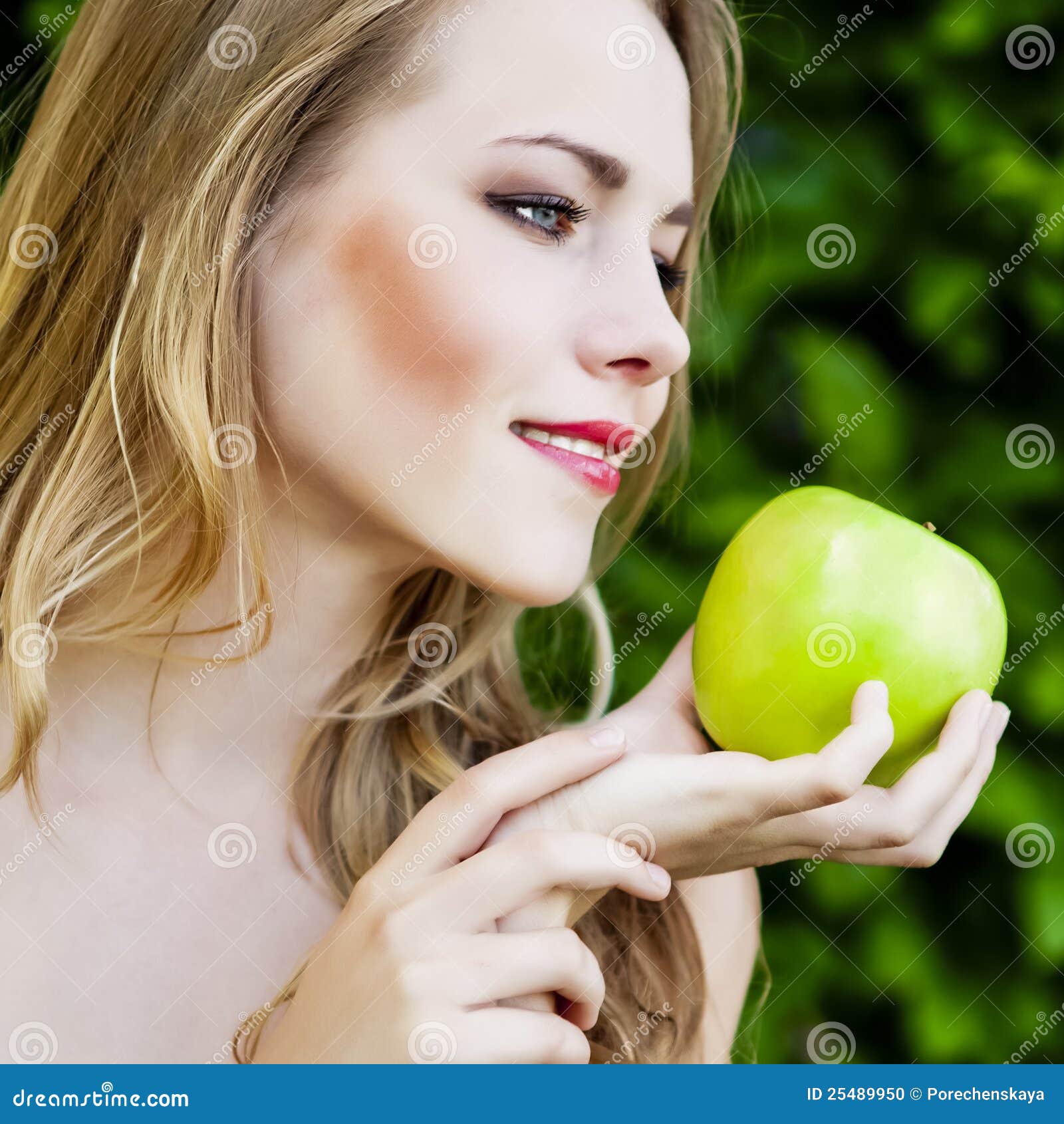Beautiful Girl with an Apple Stock Photo - Image of fingers, attractive ...