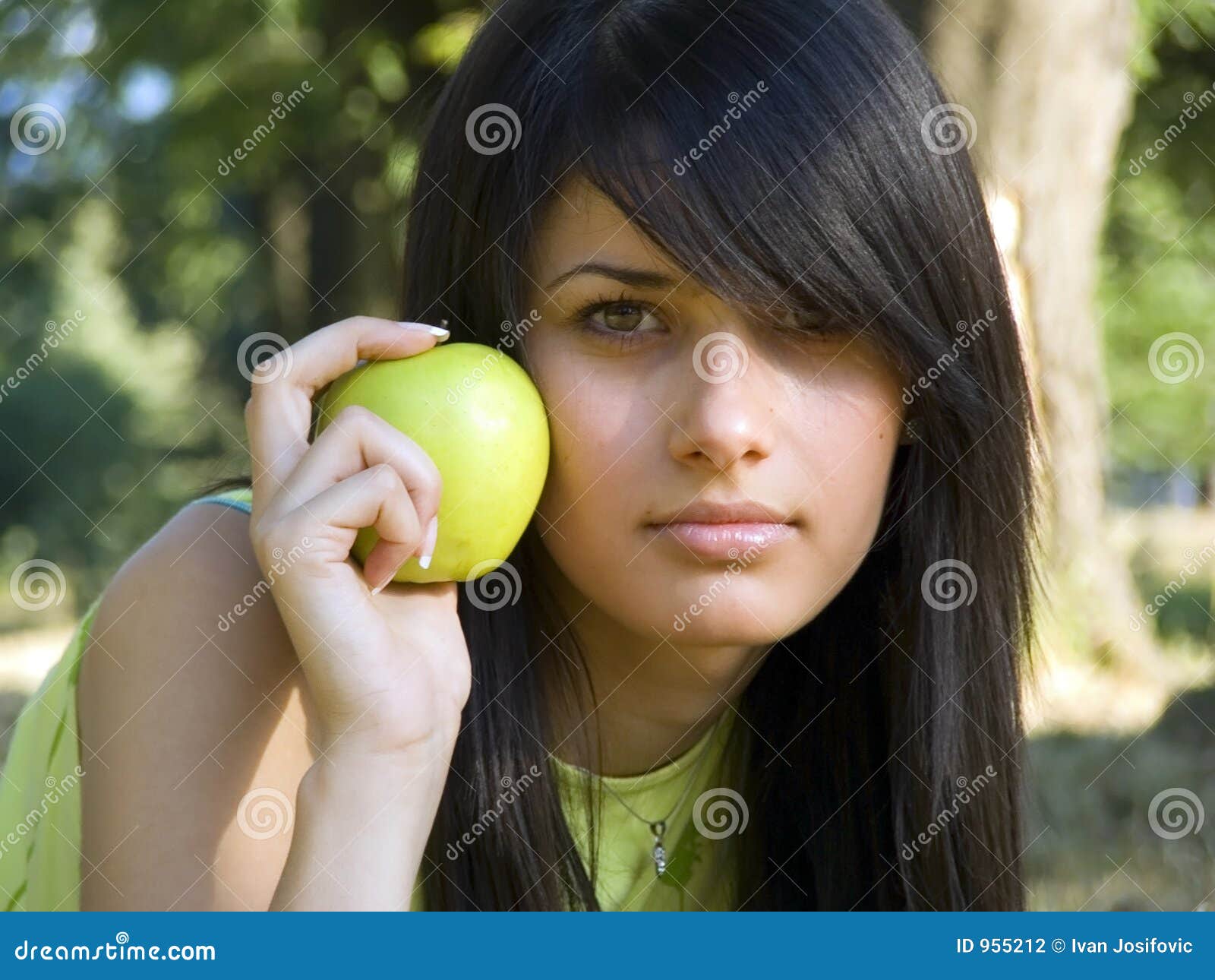 Beautiful girl with apple stock photo. Image of farm, makeup - 955212