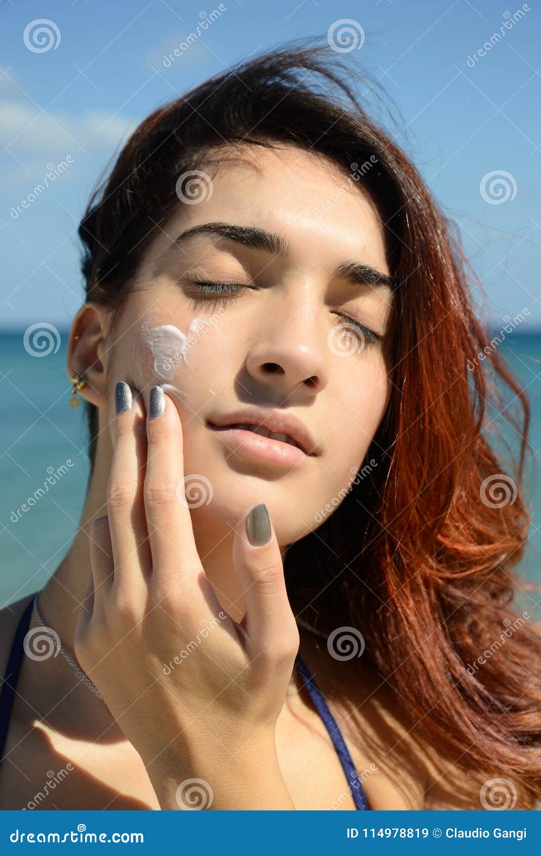 Beautiful Girl Apply Sunscreen on the Beach Stock Image - Image of ...