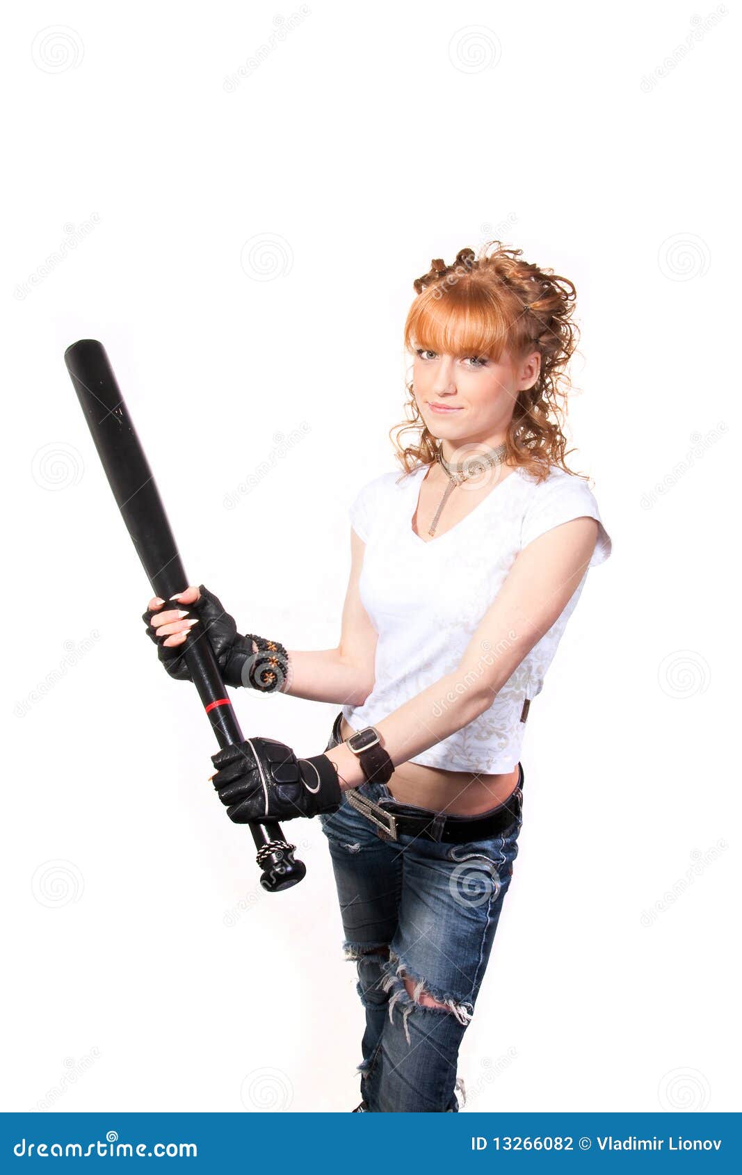 The Beautiful Girl with a Bat Stock Photo - Image of jeans, fashion ...