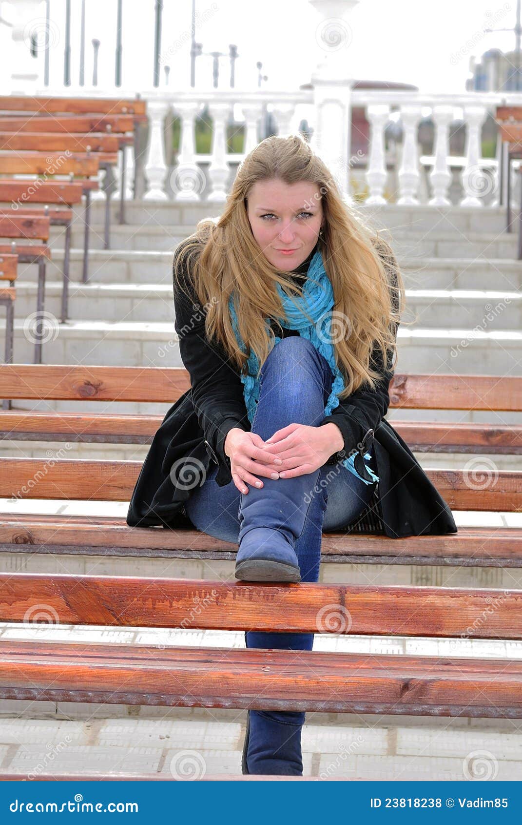 The Beautiful Girl on a Bench Stock Photo - Image of think, wind: 23818238