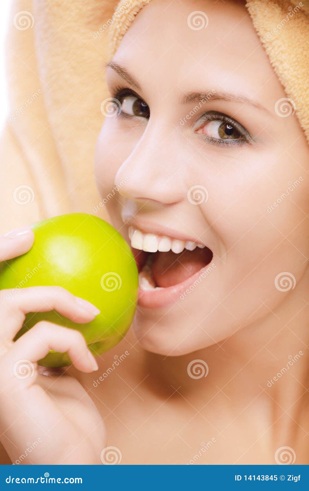Beautiful girl bites apple stock image. Image of closeup - 14143845