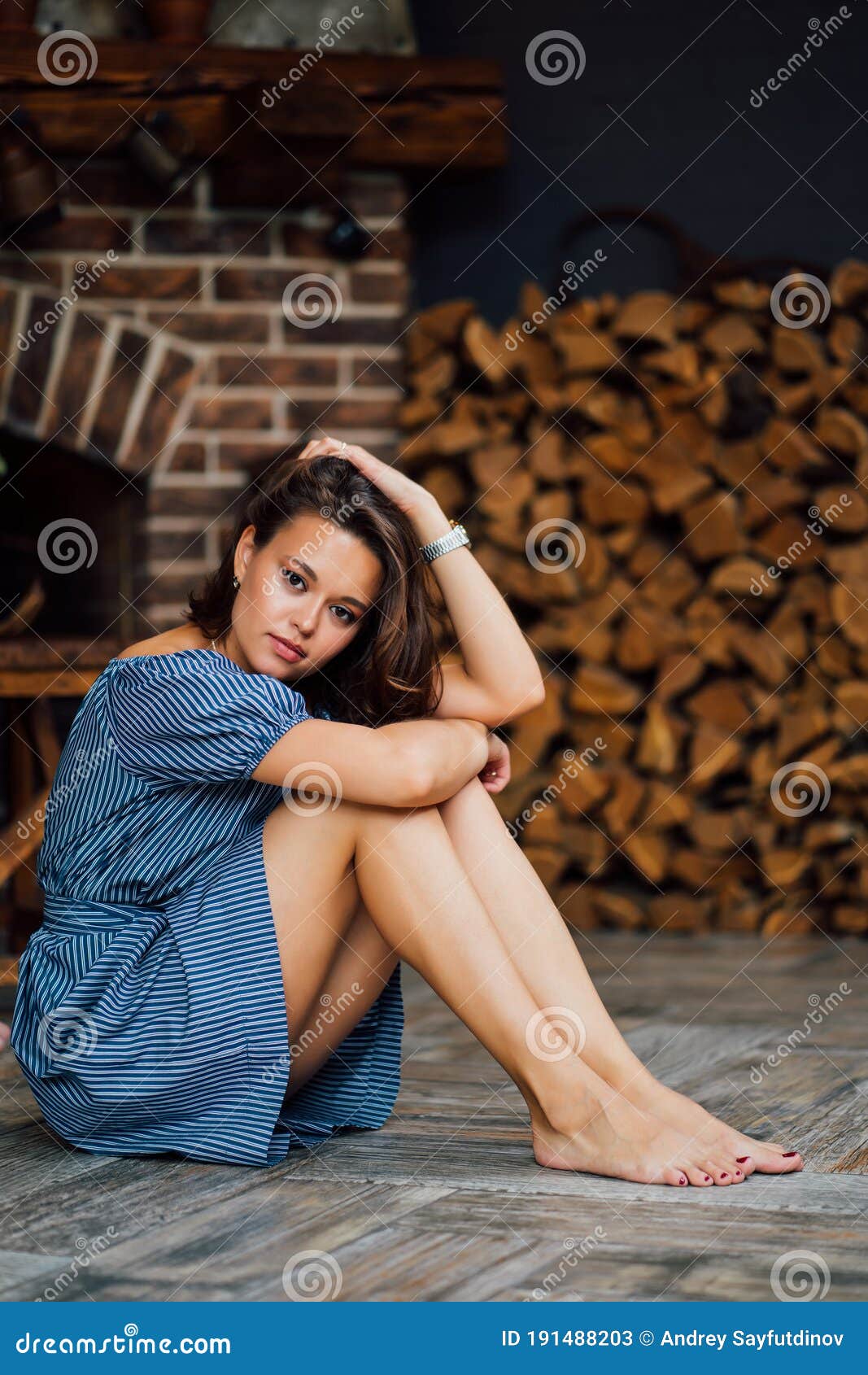 Beautiful Girl In Blue Dress Sit Barefoot On Floor Stock Image Image
