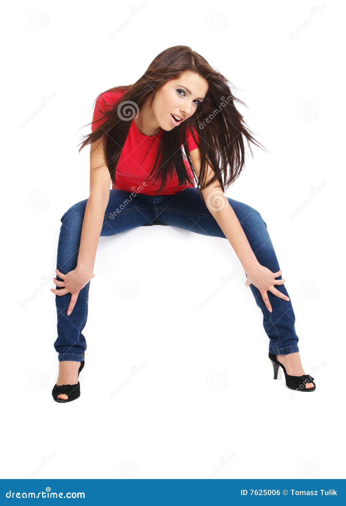 Beautiful Girl in Blue Jeans Stock Photo - Image of expression, hand ...