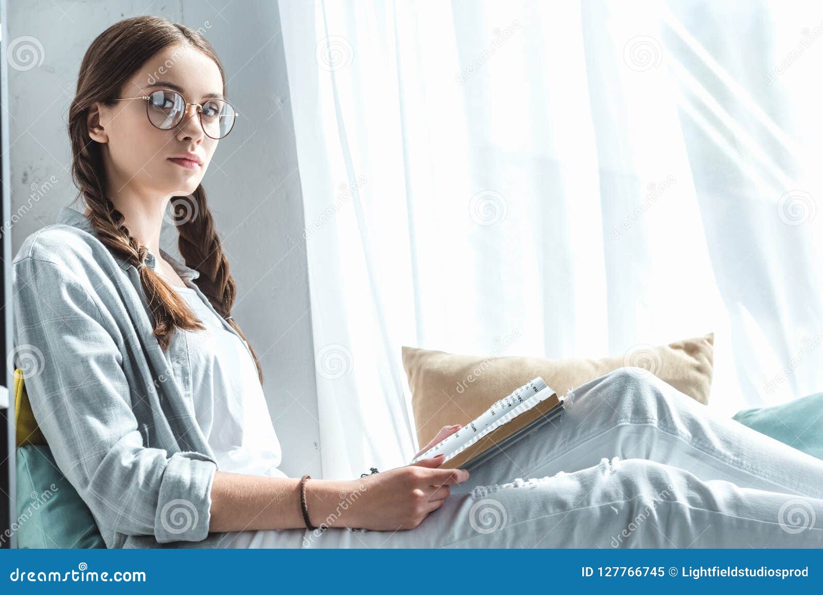 Beautiful Girl with Braids Reading Book Stock Image - Image of ...