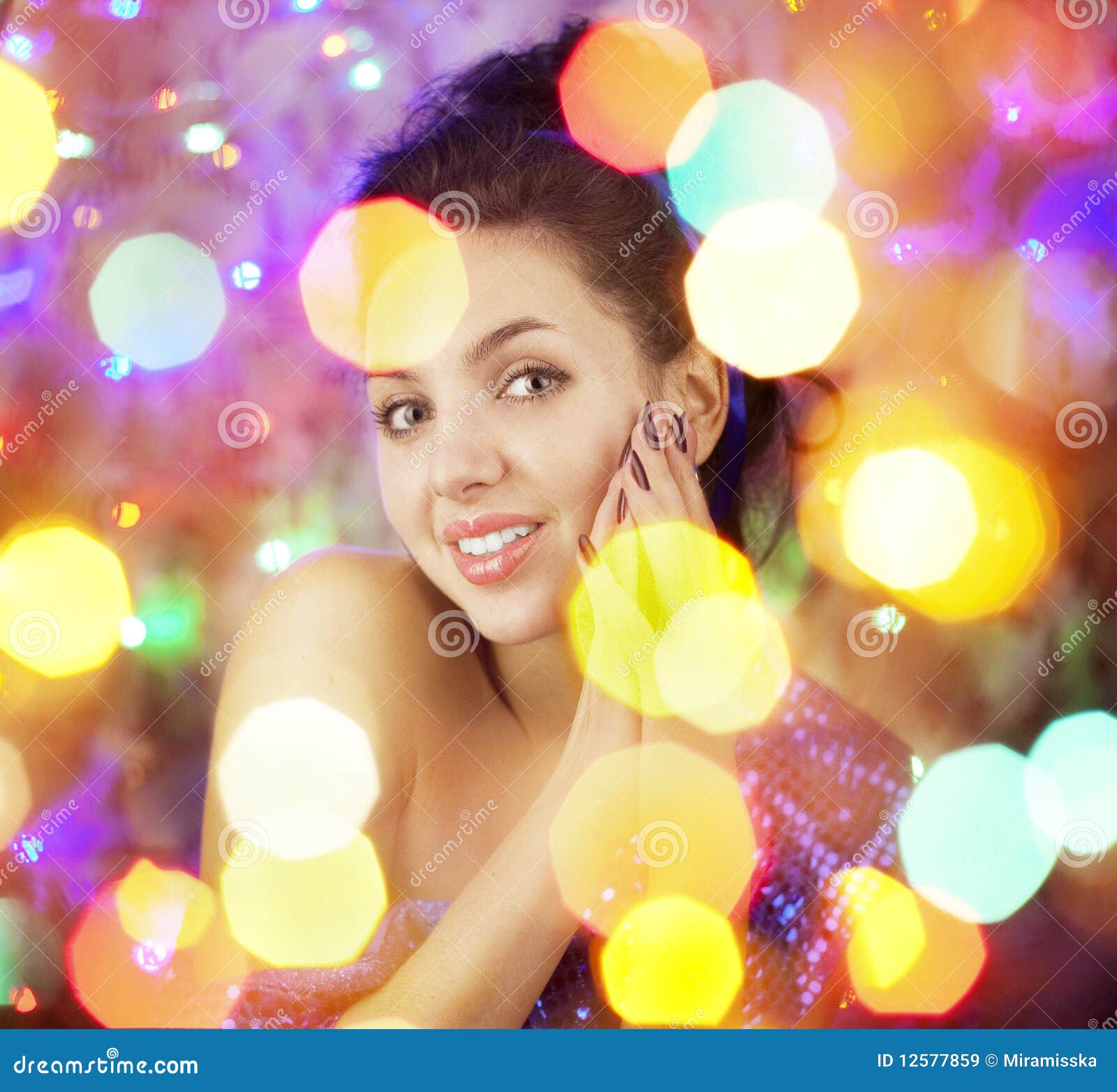 Beautiful Girl in the Bright Night Lights Stock Image - Image of beauty ...