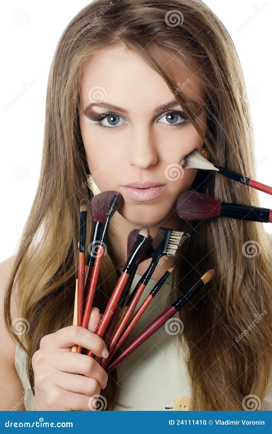 The Beautiful Girl with Brushes for a Make-up Stock Photo - Image of ...