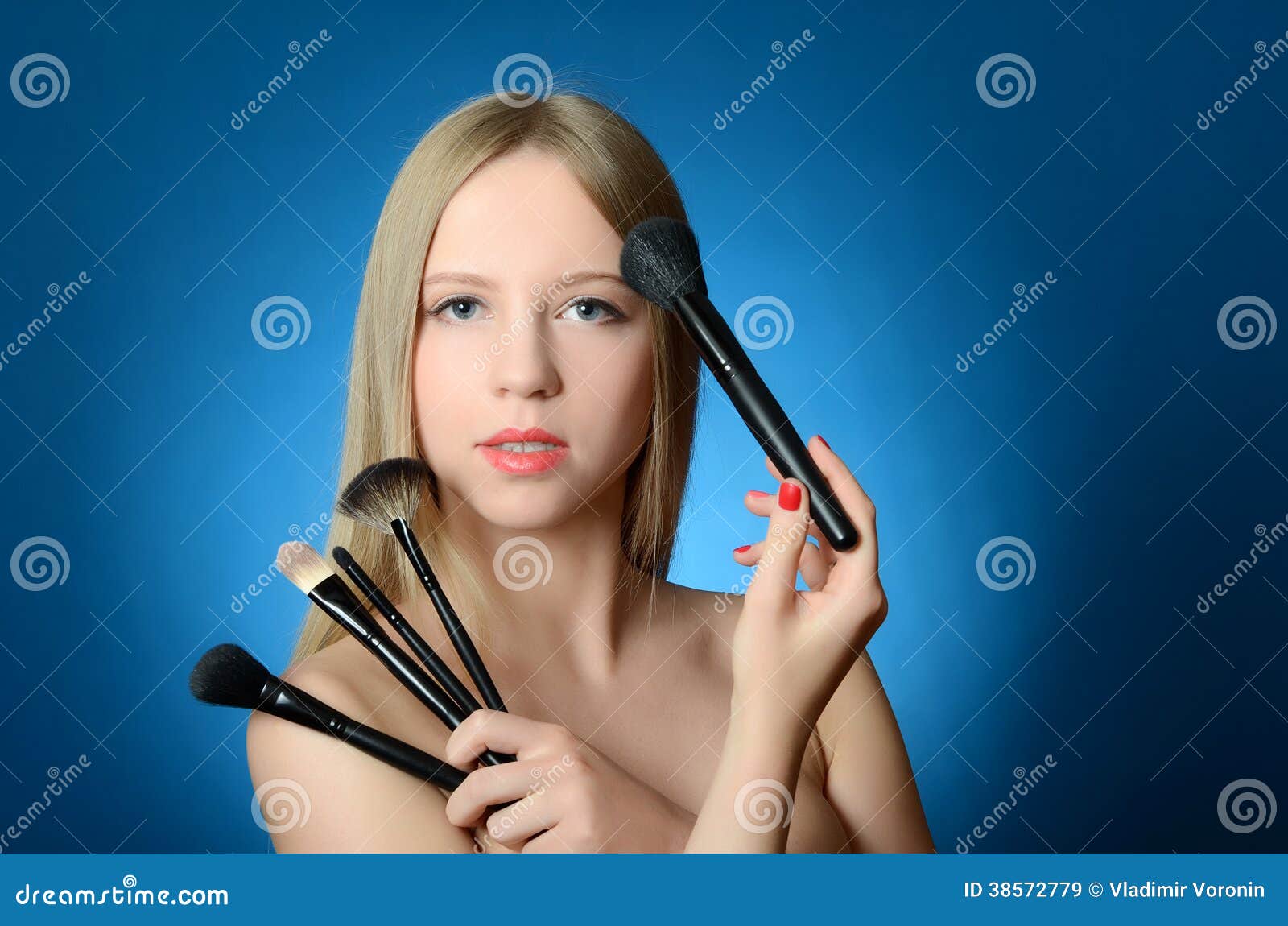 The Beautiful Girl with Brushes Make-up Stock Image - Image of head ...