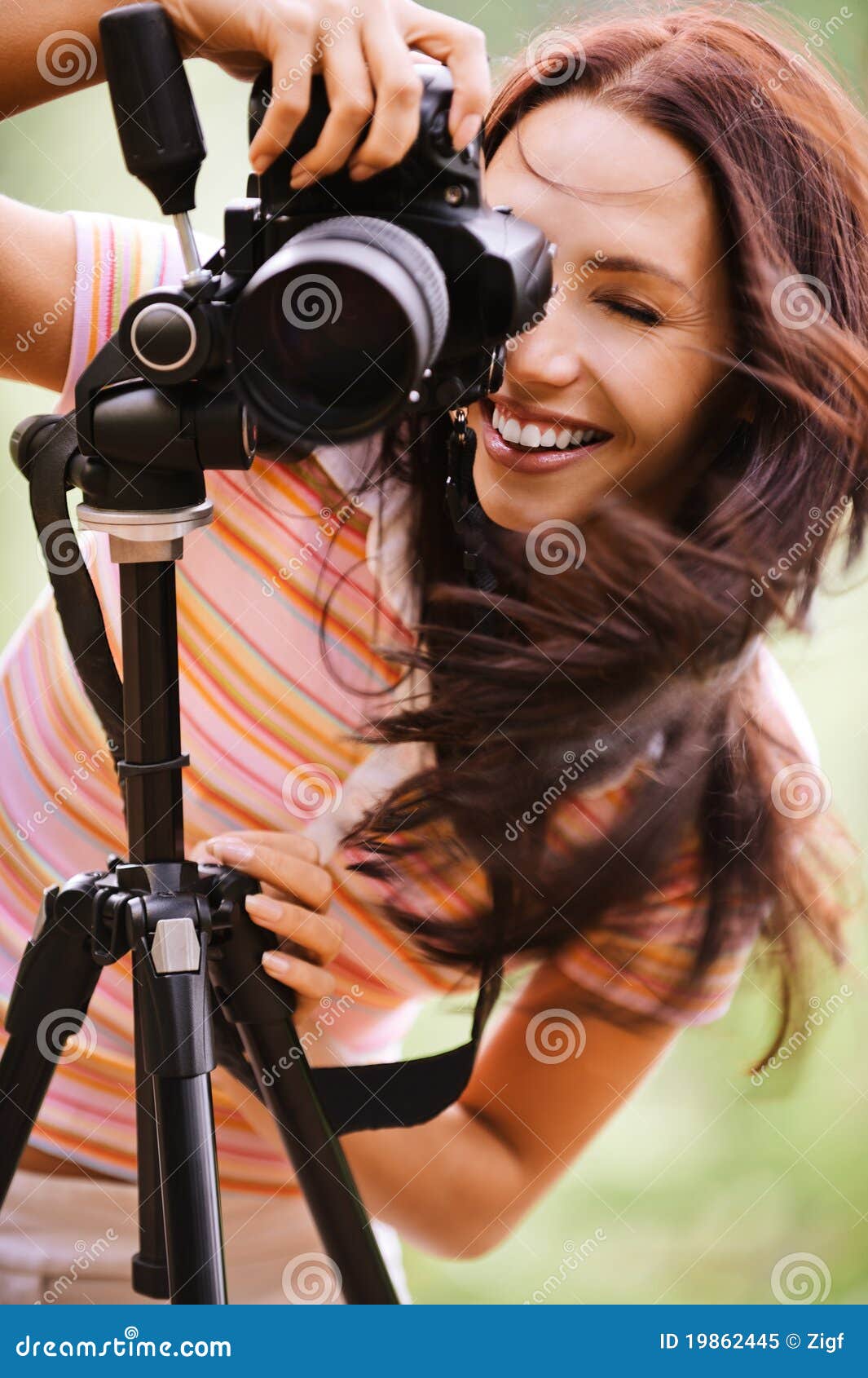Beautiful girl with camera stock image. Image of journalist - 19862445