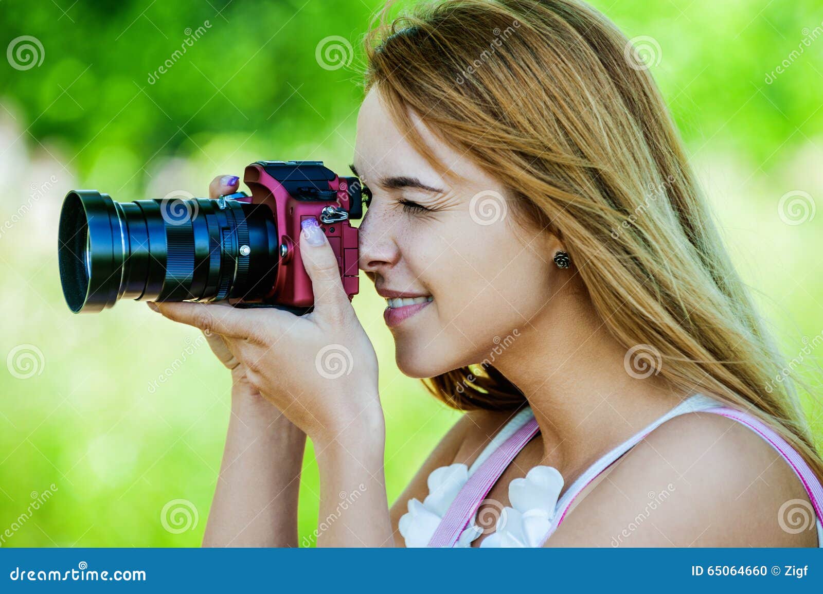 Beautiful girl with camera stock photo. Image of paparazzo - 65064660