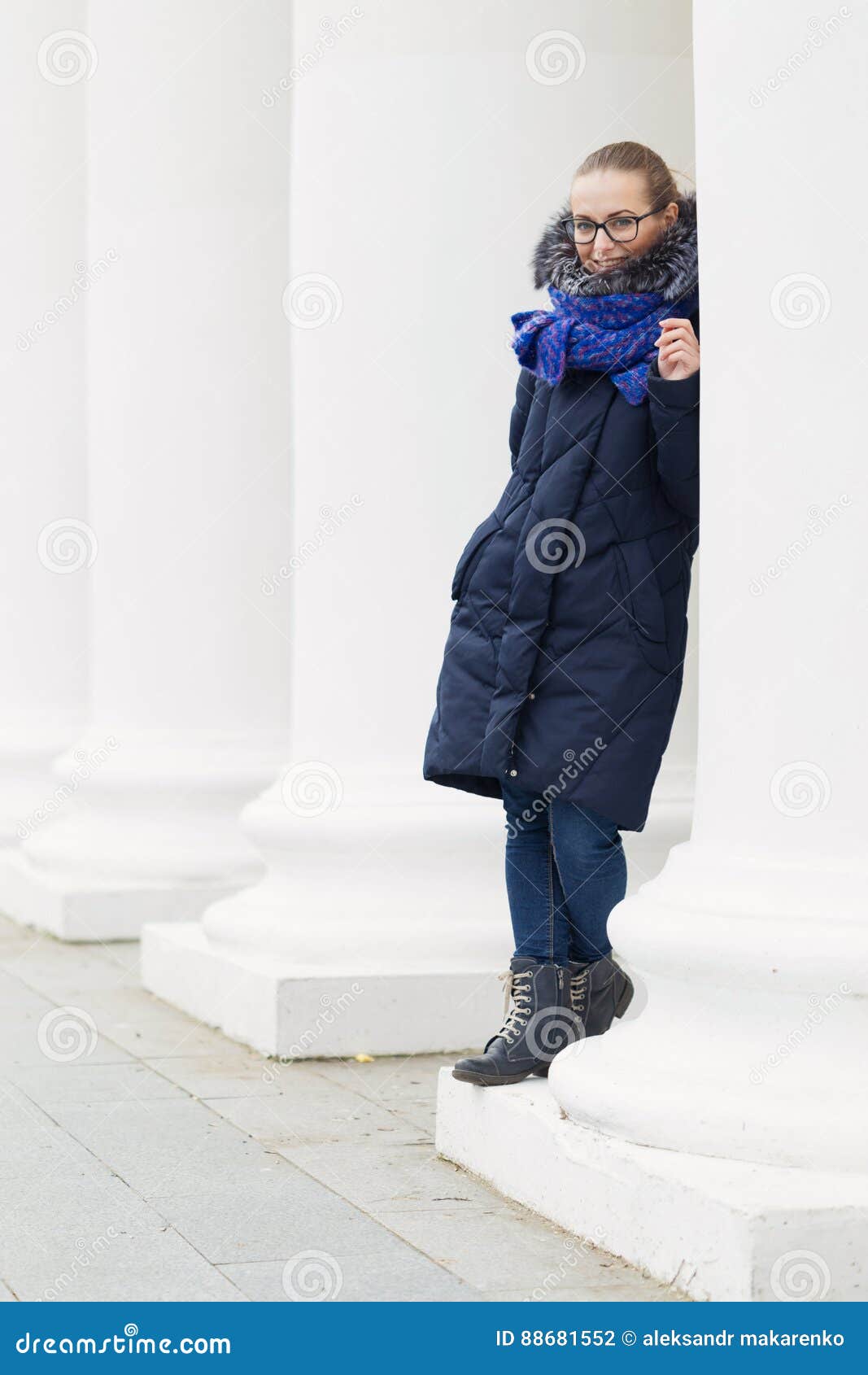 Beautiful Girl Cheerful with White Columns Outdoors Stock Photo - Image ...