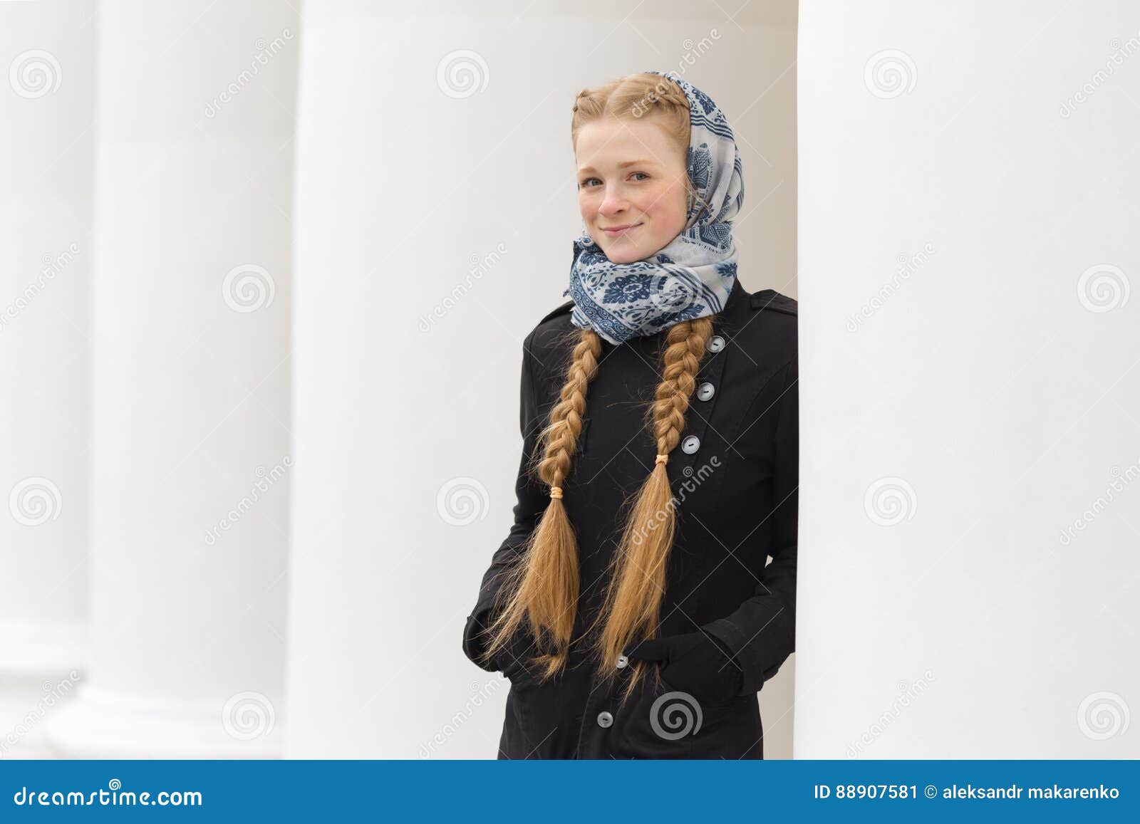 Beautiful Girl Cheerful with White Columns Outdoors Stock Image - Image ...