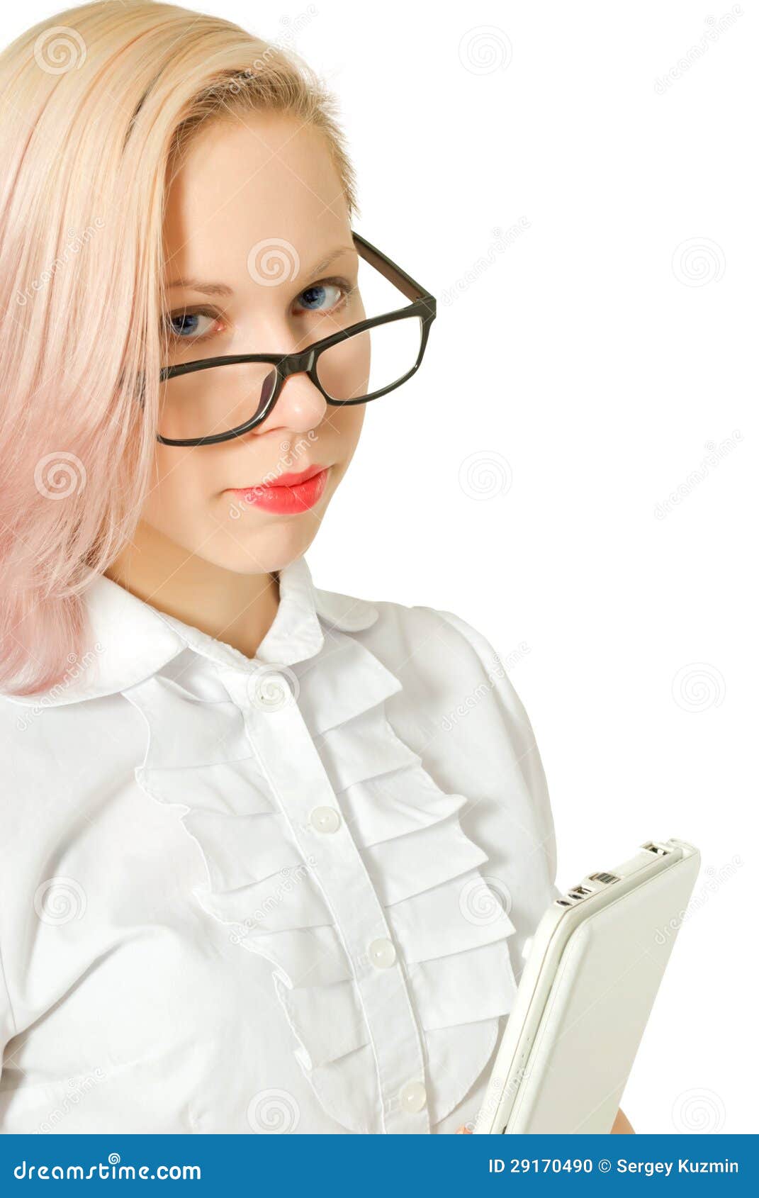 Beautiful Girl with a Computer, Isolated. Stock Photo - Image of ...
