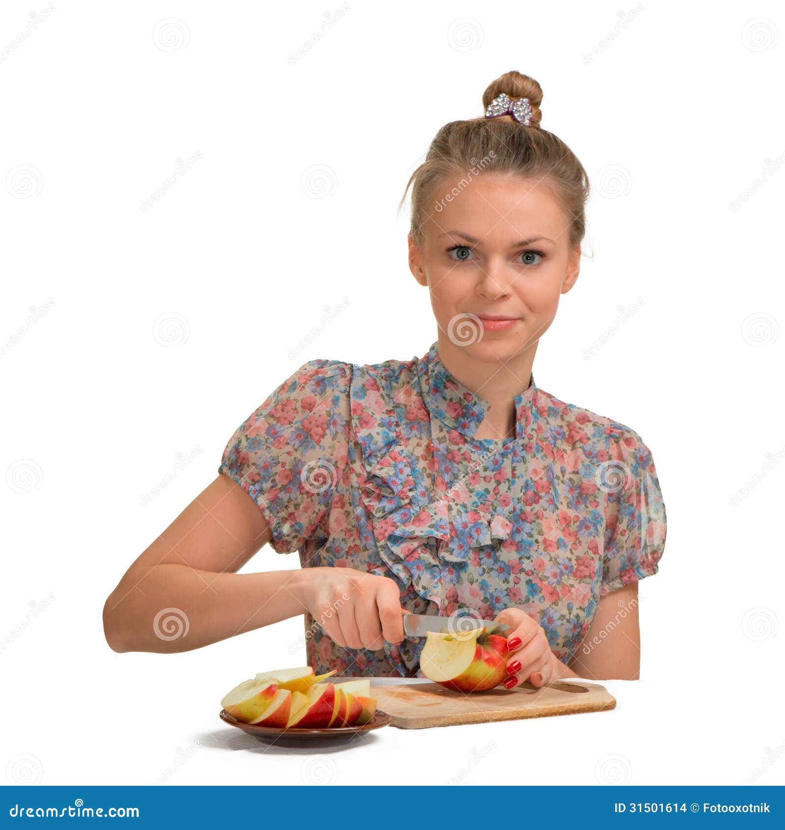 The Beautiful Girl Cuts Apples for Pie Stock Photo - Image of woman ...