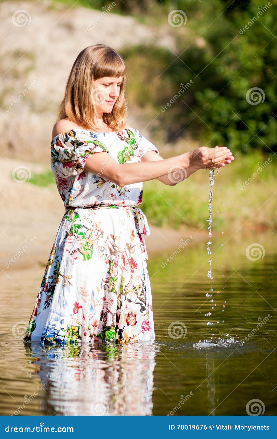 Beautiful Girl in Dress on the River Stock Photo - Image of hair, beach ...