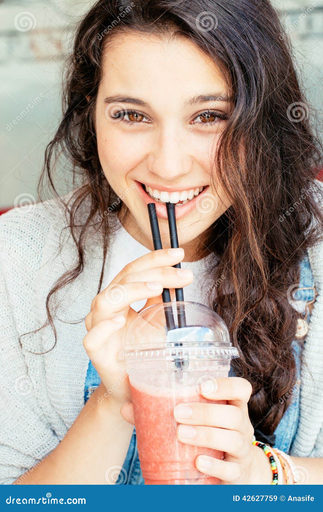 Beautiful Girl Drinking a Smoothie Stock Image - Image of frozen, juicy ...