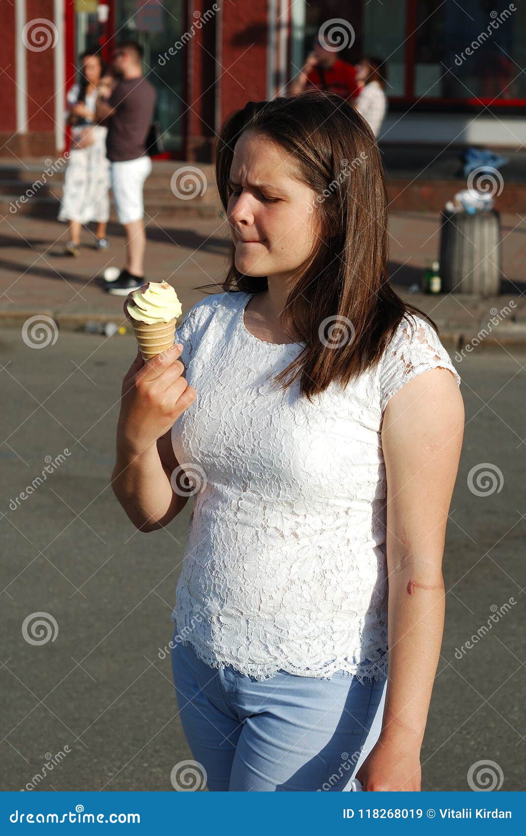 Beautiful Girl Is Eating An Ice Cream Cone Stock Image Image Of