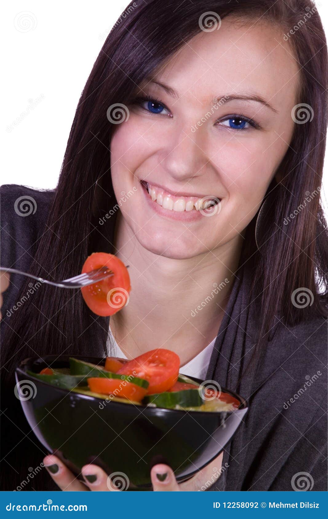 Beautiful Girl Eating Salad Stock Photo - Image of smiling, hand: 12258092