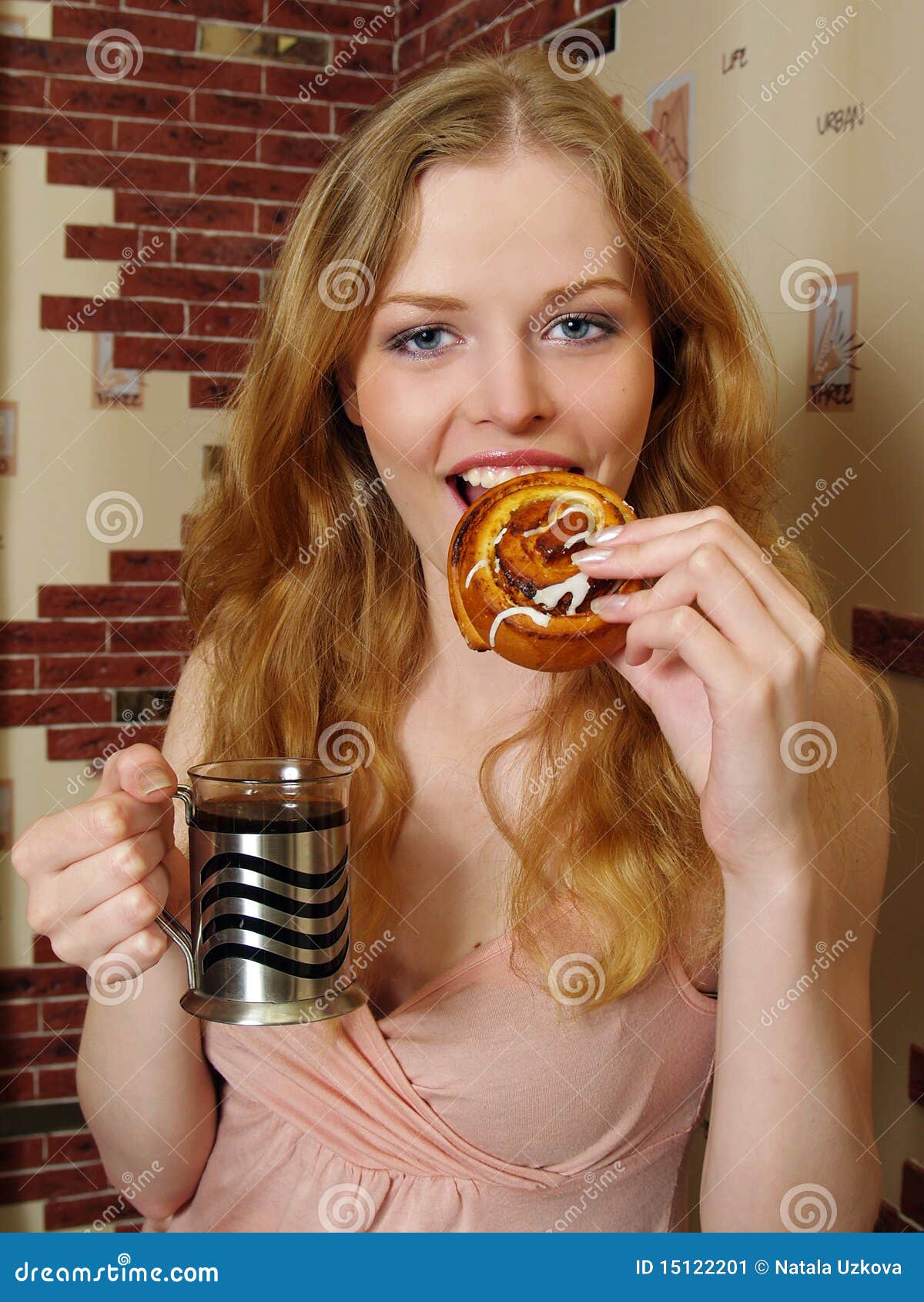 The Beautiful Girl Eats Bread with Pleasure Stock Image - Image of ...