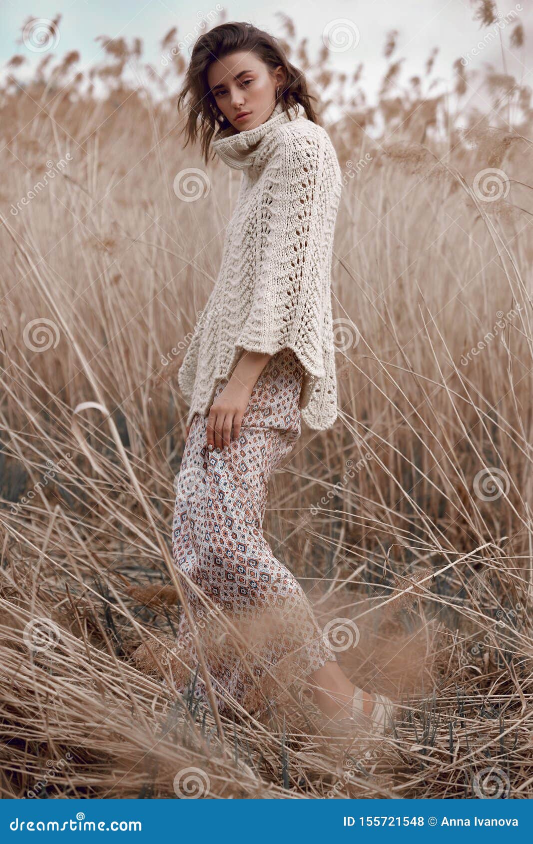 Beautiful Girl In A Field With Tall Grass In Autumn Art Portrait Of A