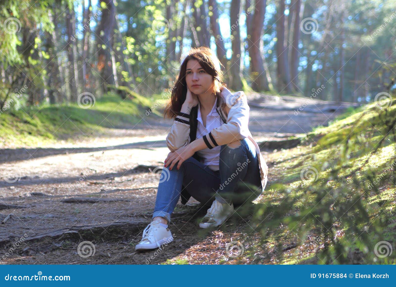 Beautiful girl in forest stock photo. Image of brunette - 91675884
