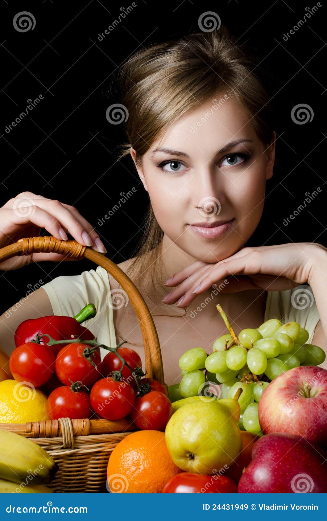 Beautiful Girl with Fruit and Vegetables Stock Image - Image of black ...