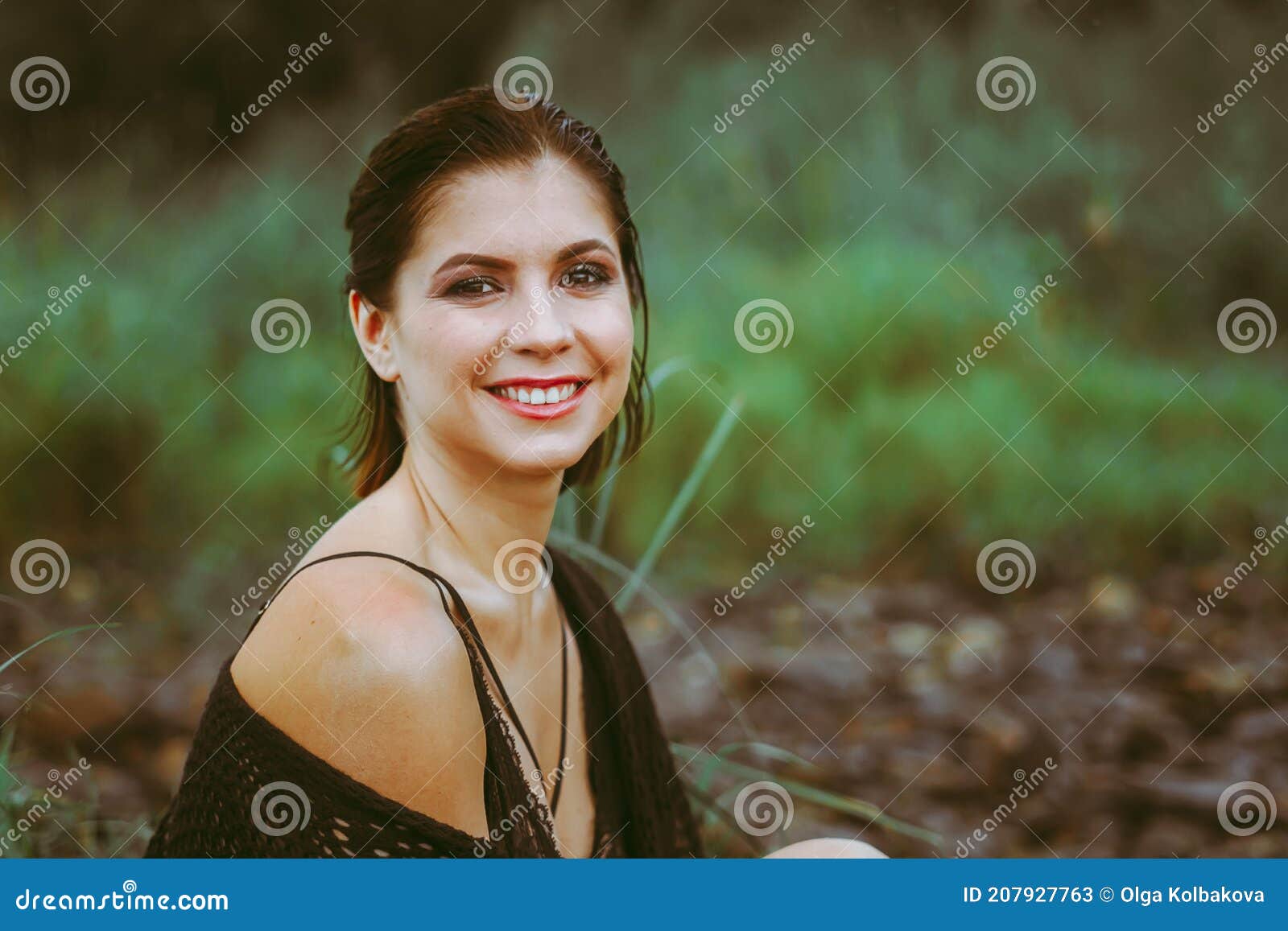 Beautiful Girl in the Grass by the River Stock Image - Image of ...