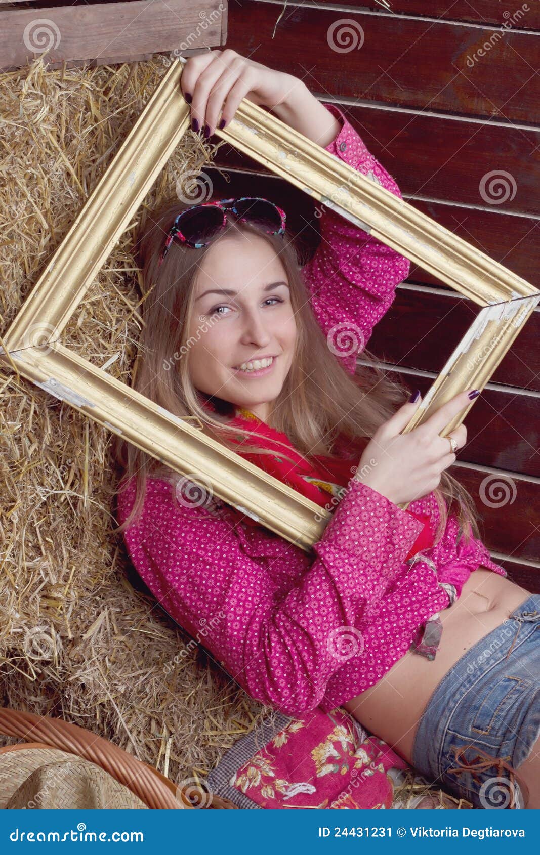 Beautiful Girl in Hay with a Frame Stock Image - Image of grass ...