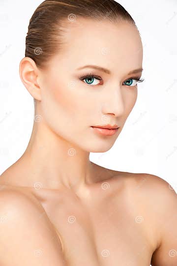 Beautiful Girl With Healthy Spotless Skin Naked Shoulders Side View