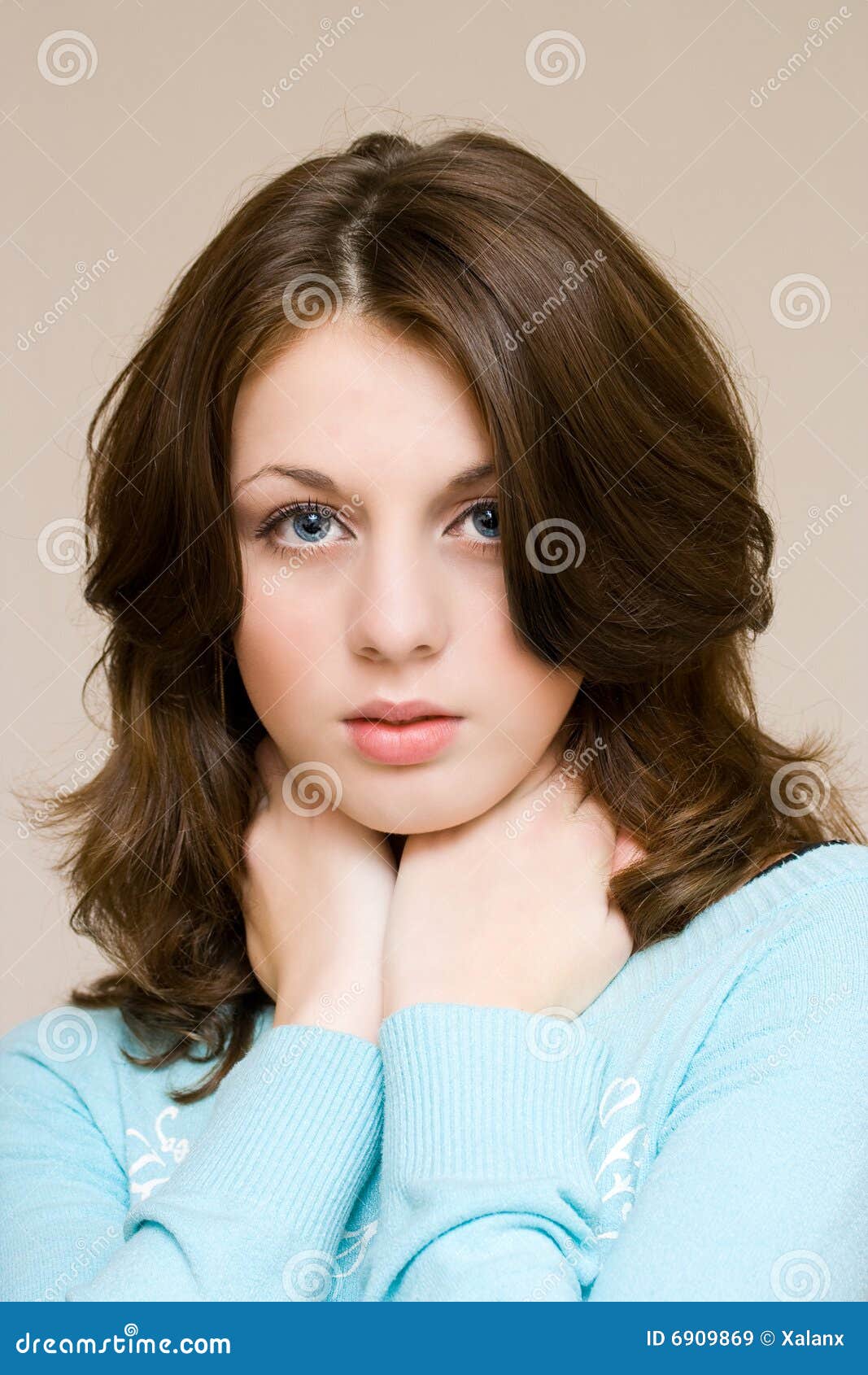 Beautiful Girl with Her Hands on Her Neck Stock Image - Image of copy ...