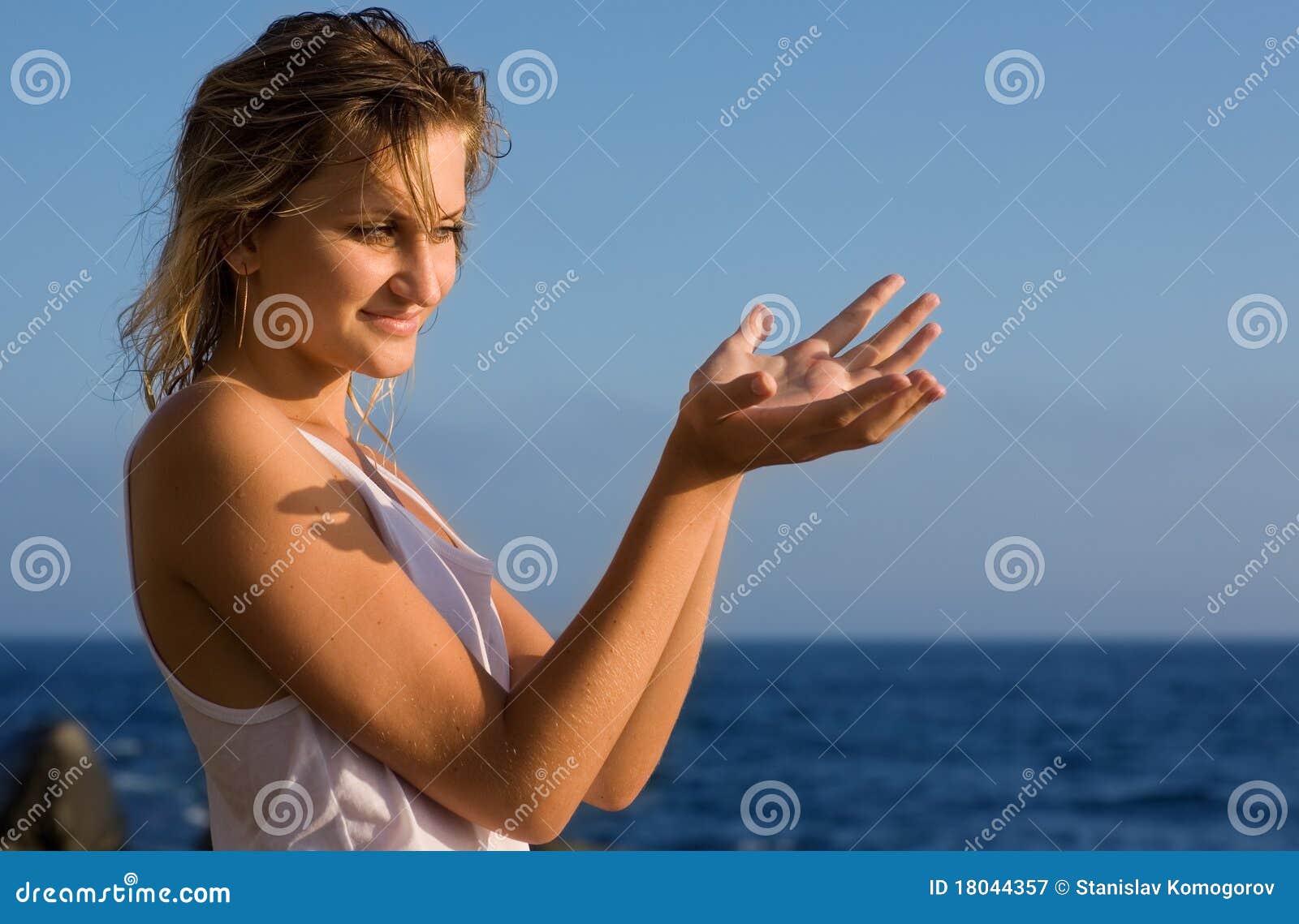 Beautiful Girl Holding Up Their Empty Hands. Stock Image - Image of ...