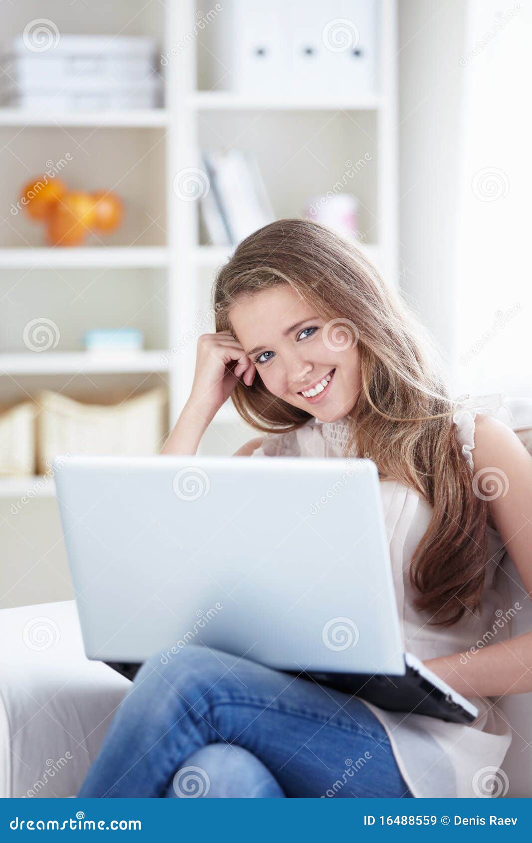 Beautiful Girl with a Laptop at Home Stock Image - Image of casual ...