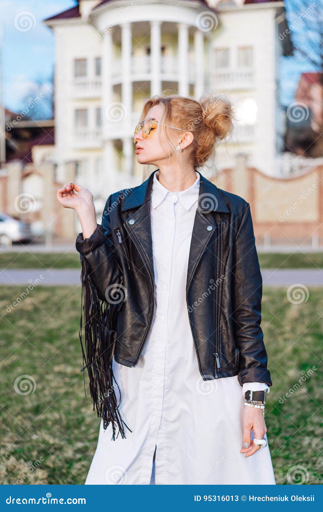 Beautiful Girl in a Leather Jacket Stock Image - Image of green, nature ...