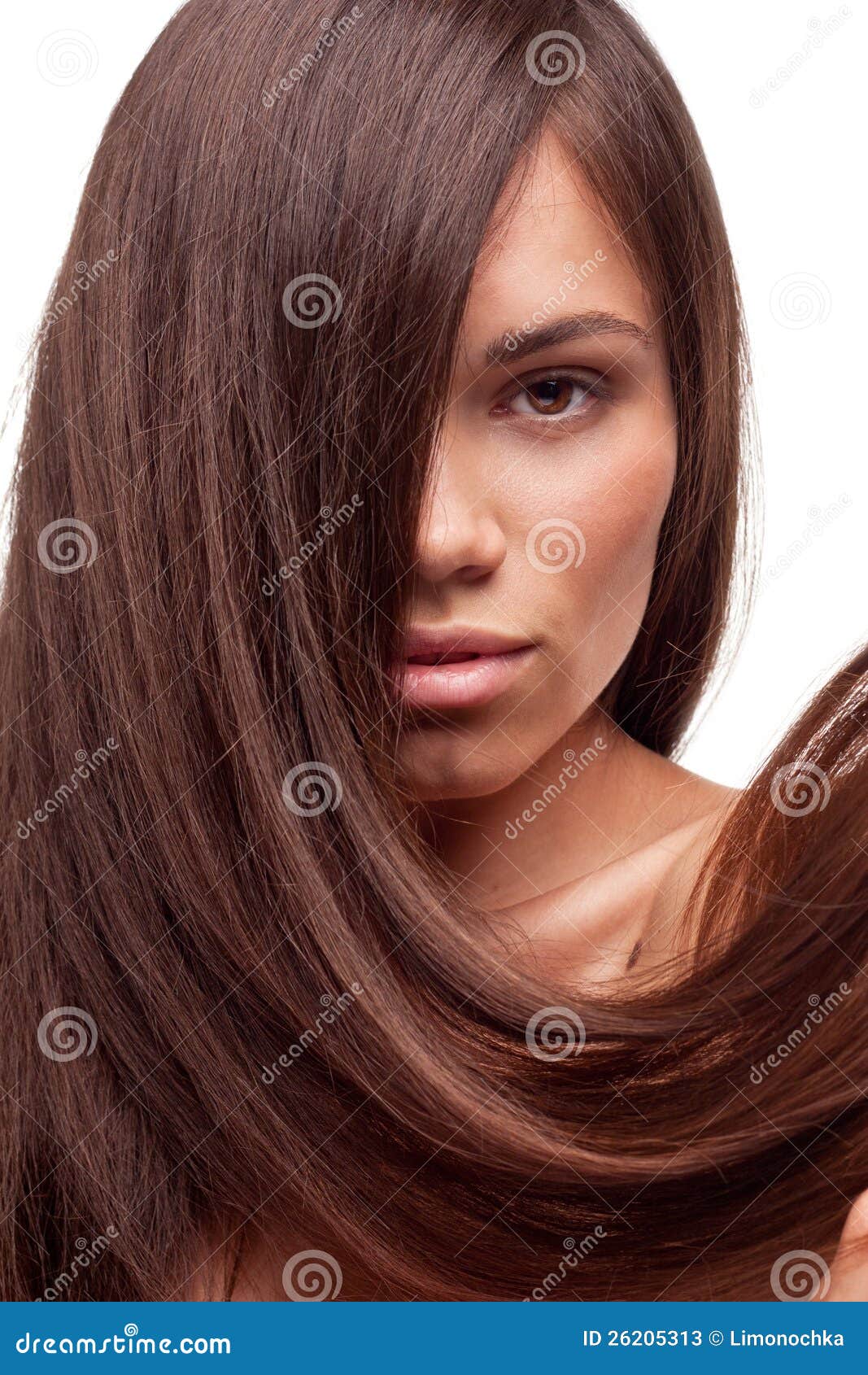Girl Long Hair Wear Fur Hat White Background Winter Shampoo And