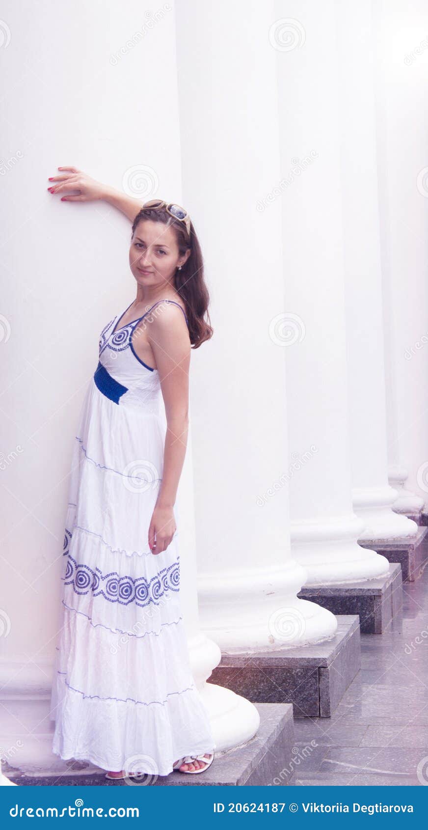 Beautiful Girl in a Long White Columns Stock Image - Image of happy ...