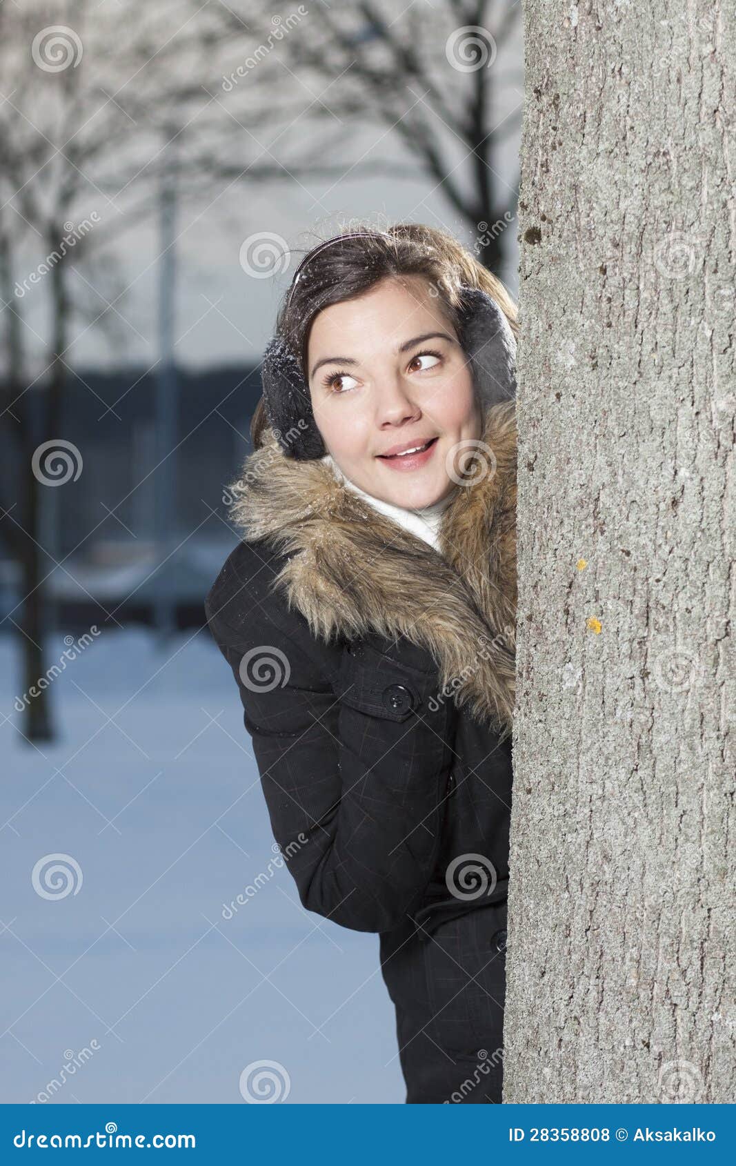 Beautiful Girl Looking Beyond the Tree Stock Photo - Image of people ...
