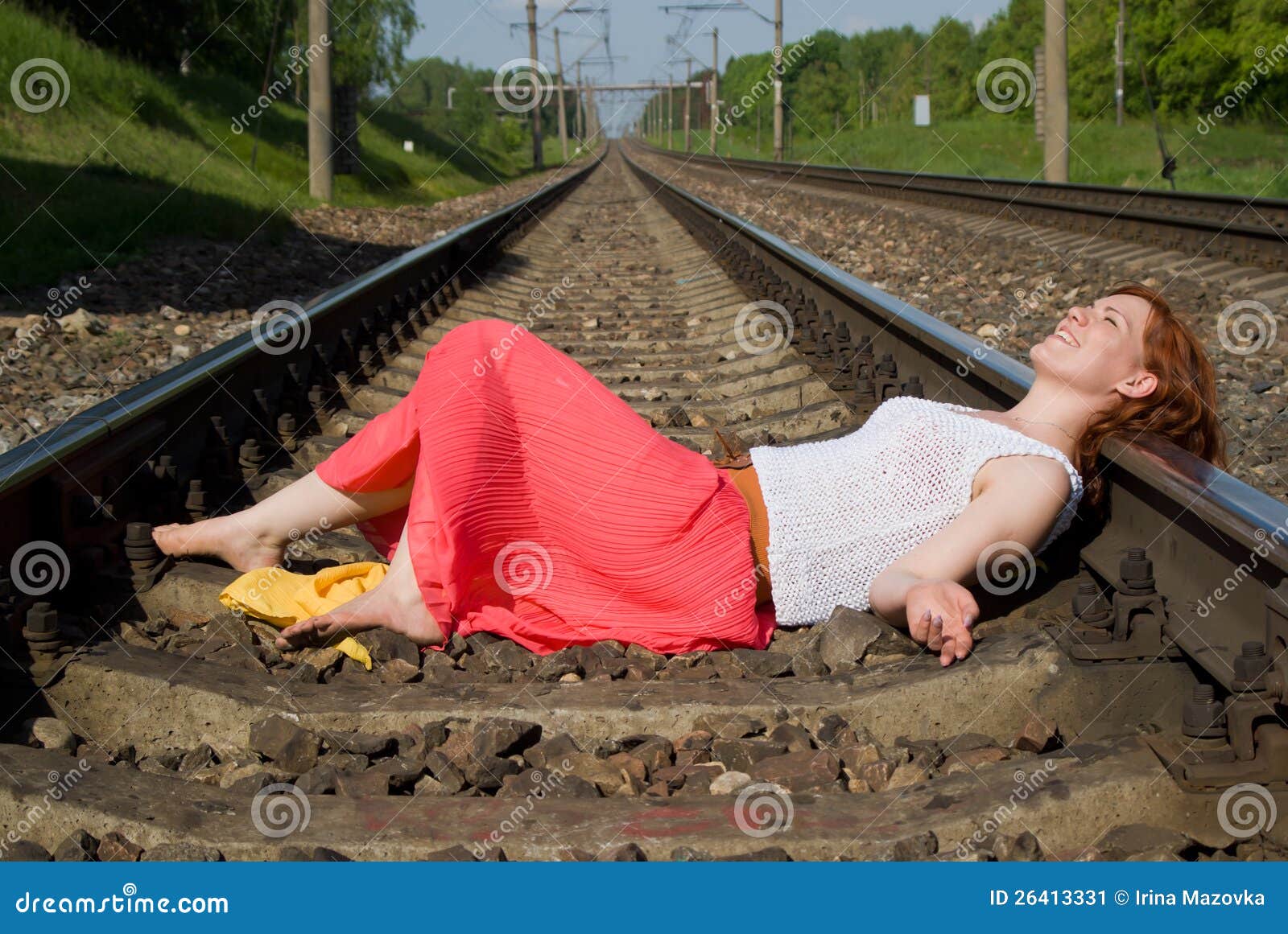 Beautiful Girl Lying on the Rails Stock Image - Image of bright, blue ...