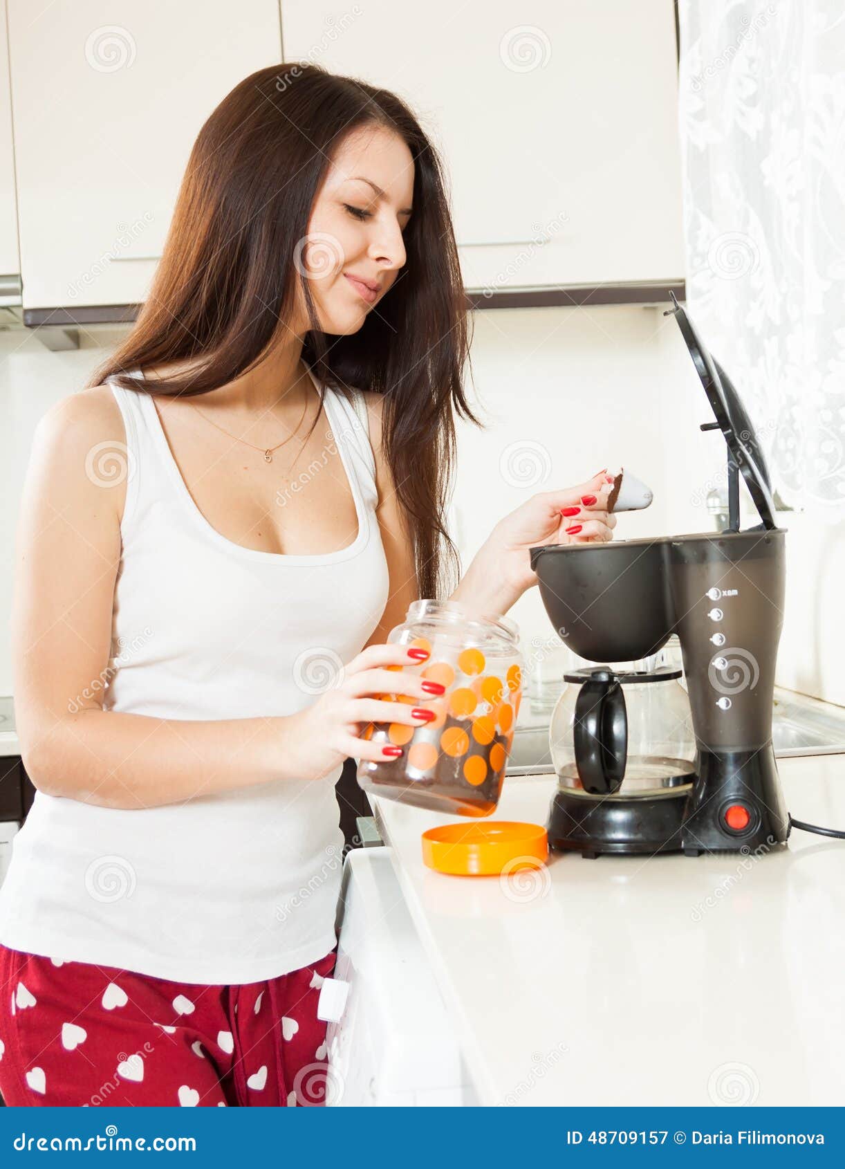 Beautiful Girl Making Coffee Stock Image - Image of kitchen, holding ...