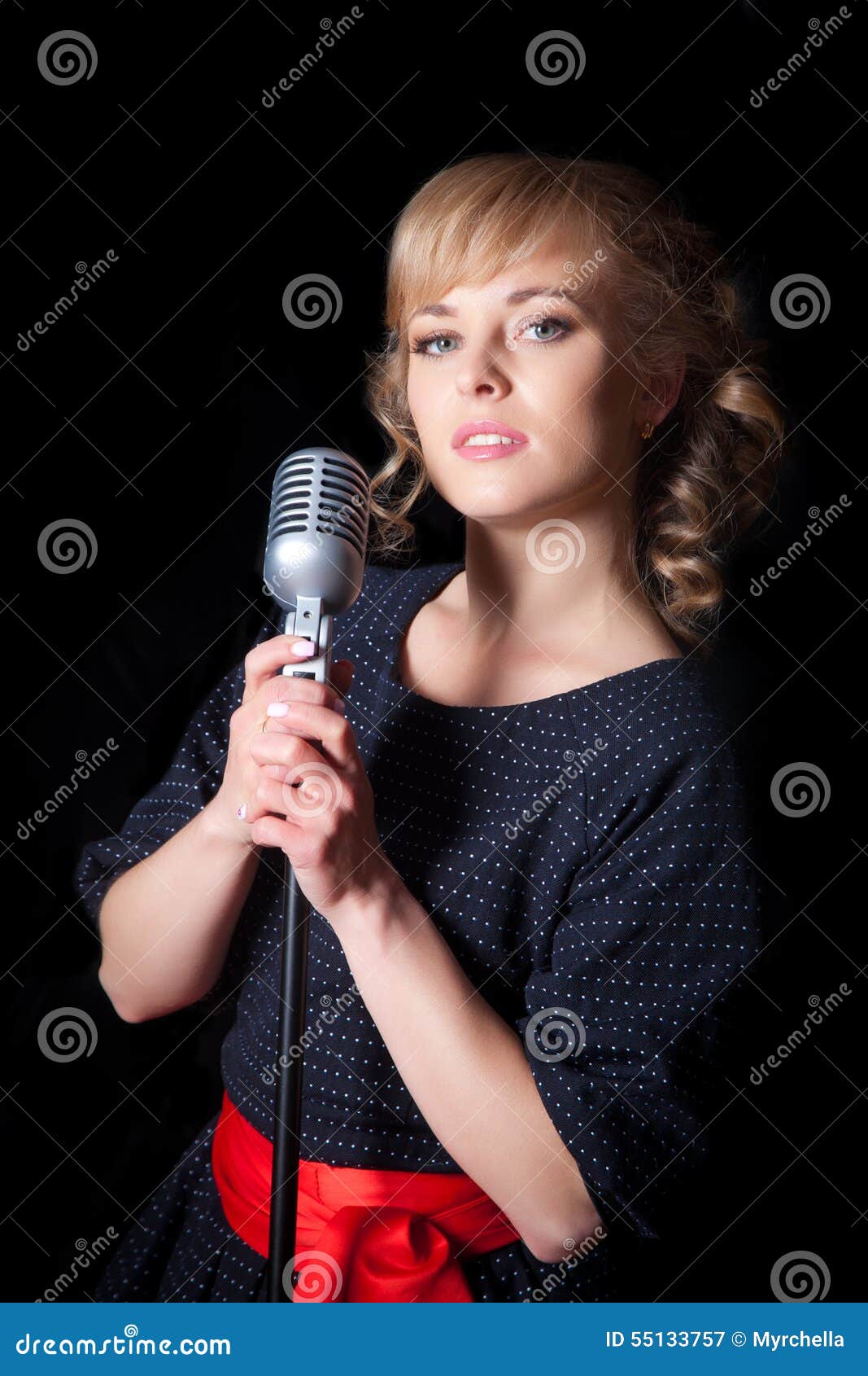 Beautiful Girl with a Microphone on Stage Stock Image - Image of night ...