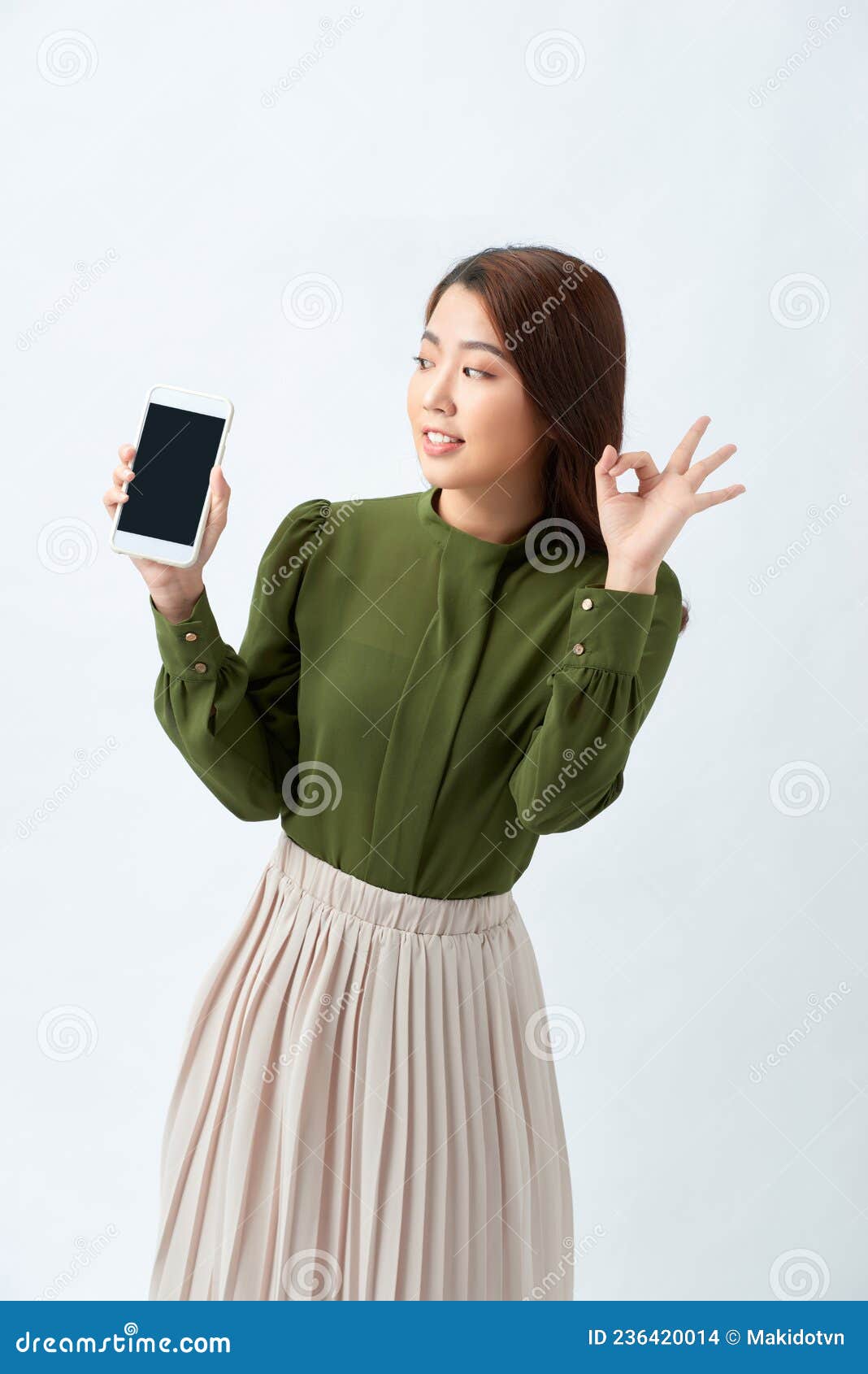 Beautiful Girl with Mobile Phone on a White Background Stock Photo ...