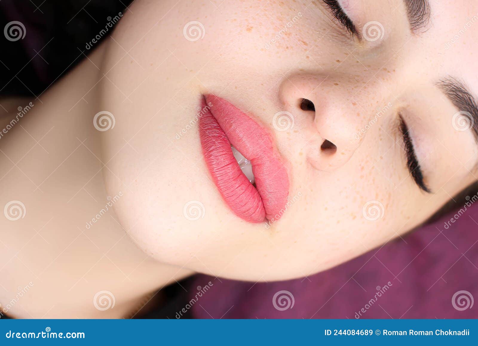 Beautiful Girl Model with Perfect Permanent Makeup on Red Lips Stock ...