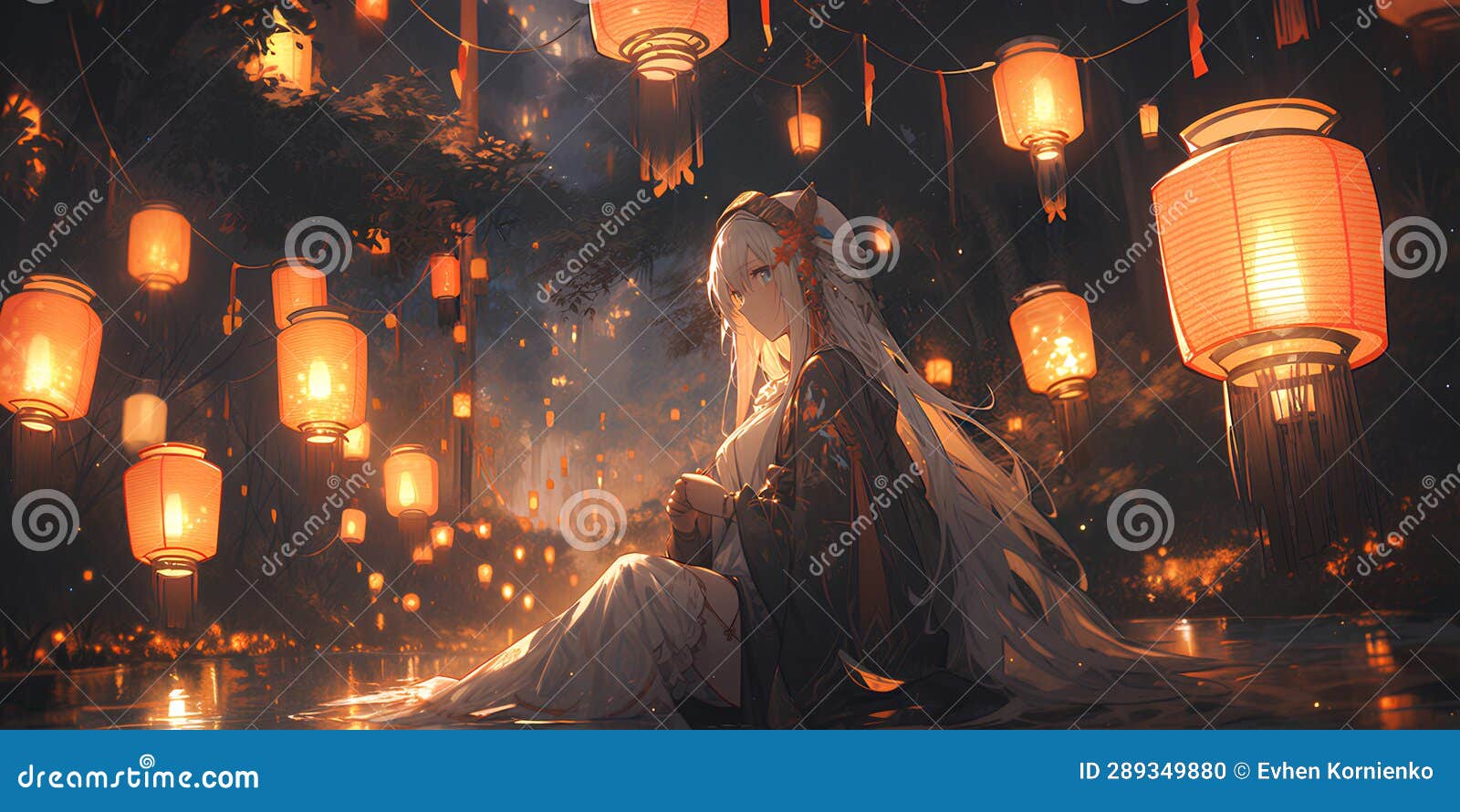 Beautiful Girl at Night with Lanterns Stock Illustration - Illustration ...