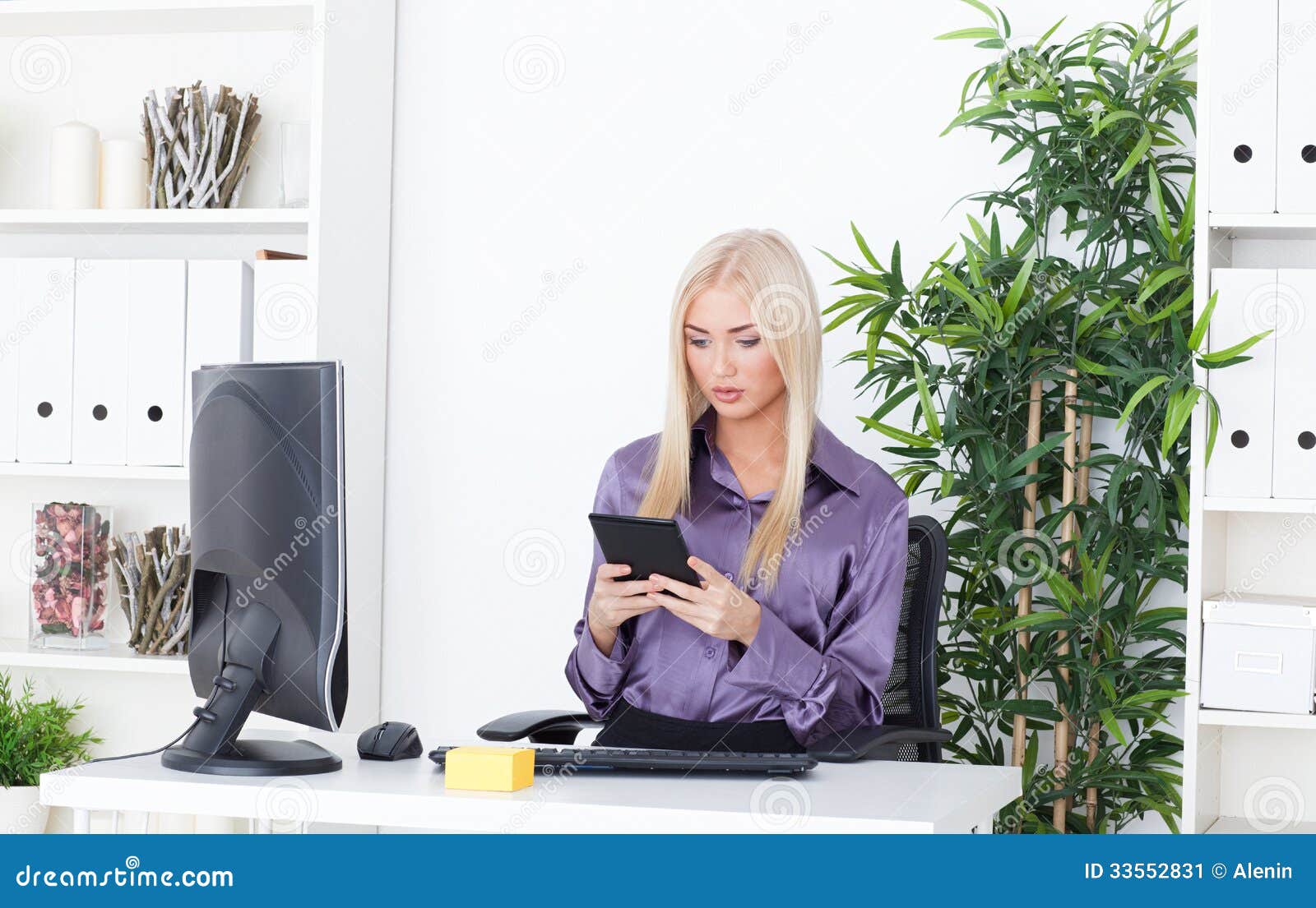Beautiful Girl at Office at the Computer with Reader Stock Image ...