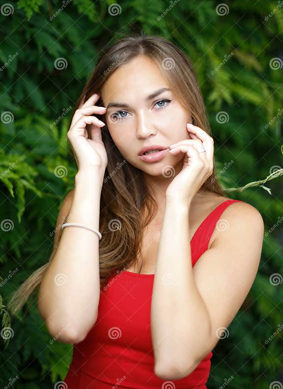 Beautiful Girl Outdoors In Red Dress Stock Image Image Of Cosmetics