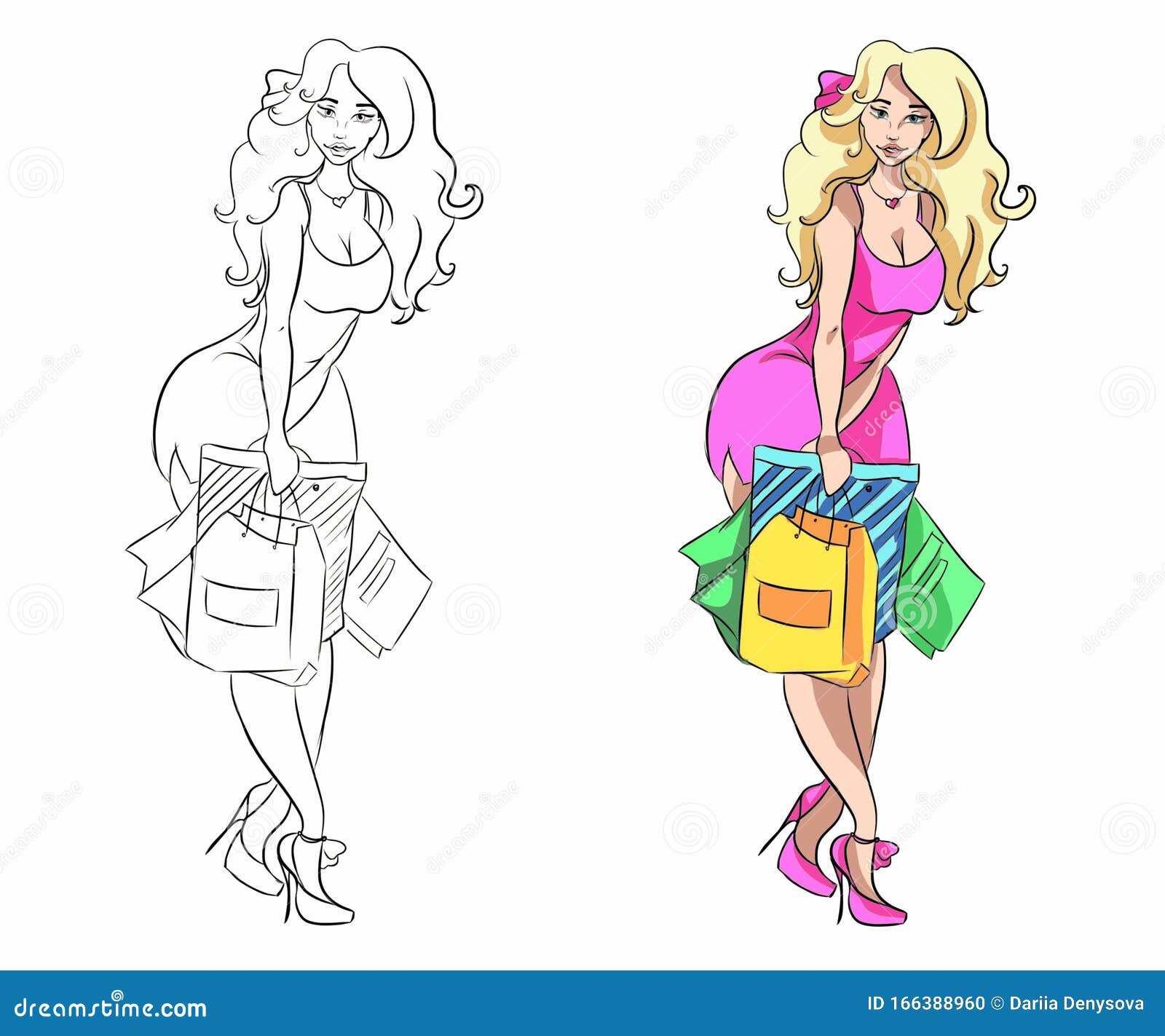 Beautiful Girl In A Pink Dress With Shopping Joyful Poster Advertising